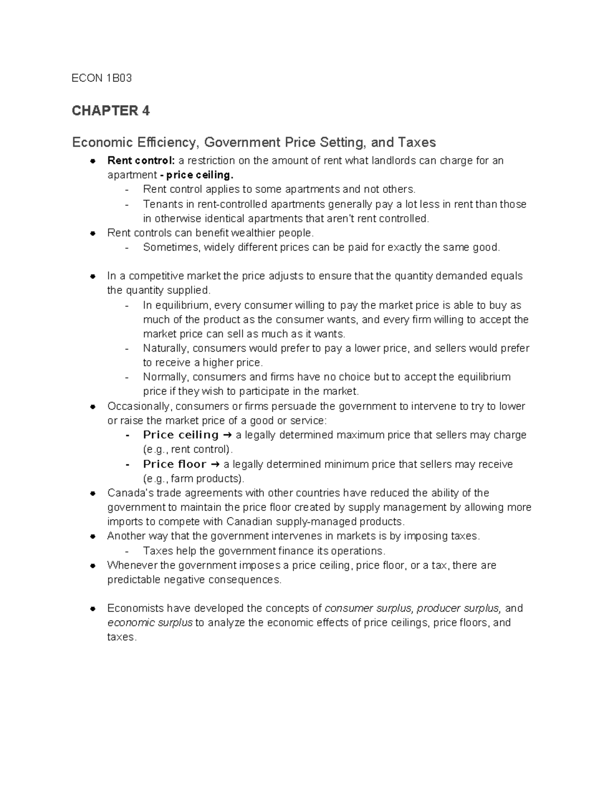 Chapter 4 - notes - ECON 1B CHAPTER 4 Economic Efficiency, Government ...