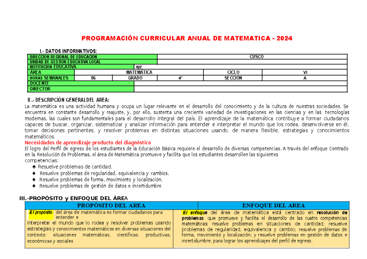 Programación curricular anual esquema - PROGRAMACIÓN CURRICULAR ANUAL DE MATEMATICA - 2024 I ...
