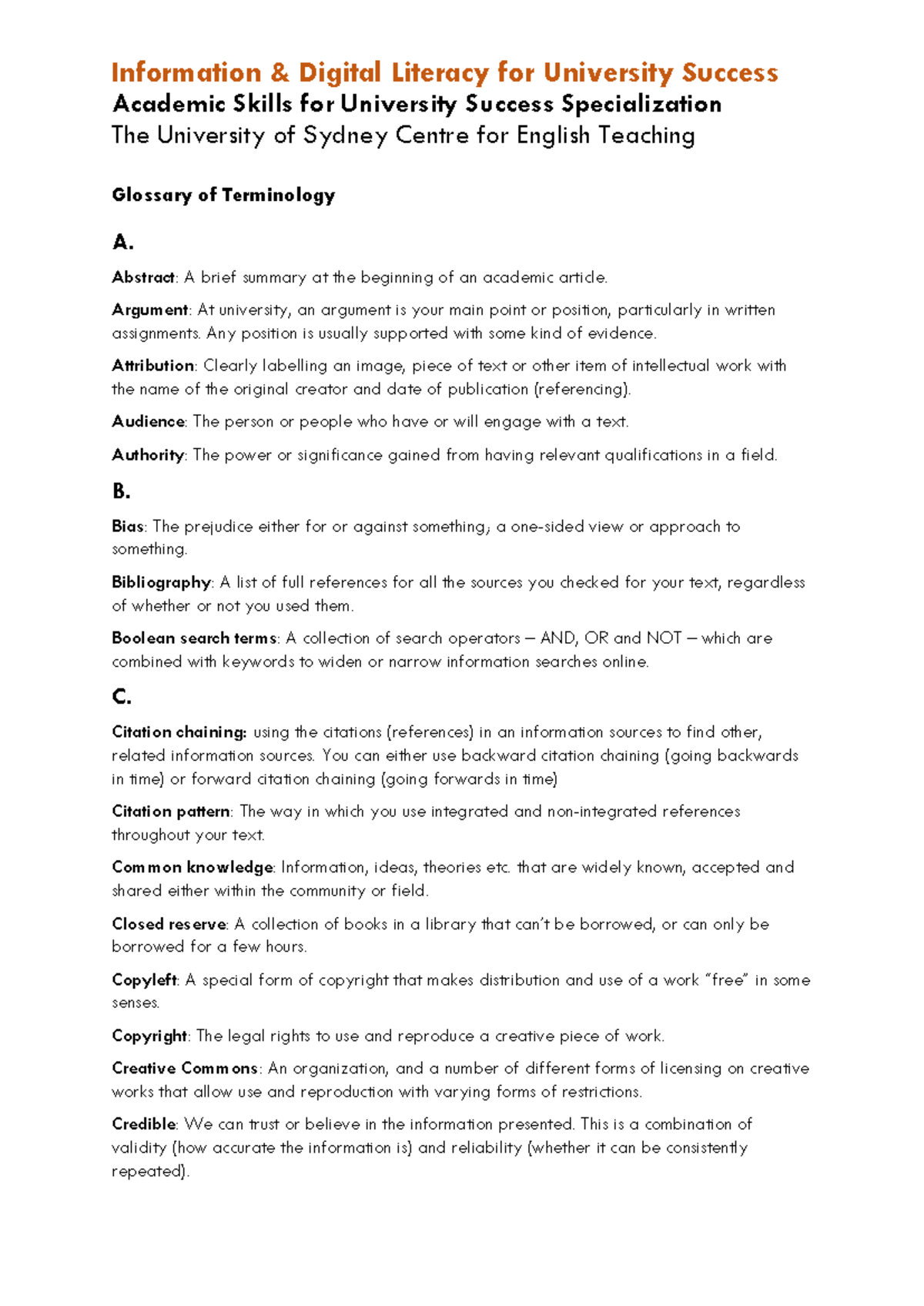 Glossary of Terminology - Academic Skills for University Success ...