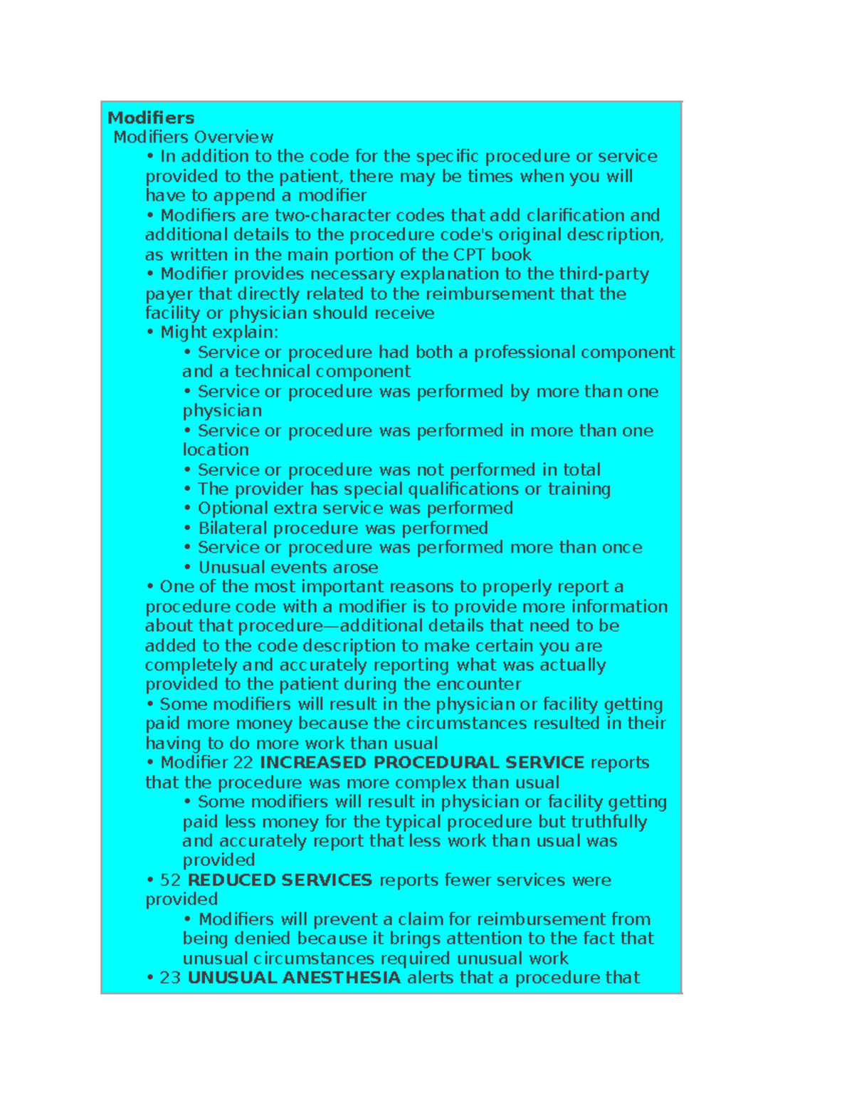 Modifiers Review Sheet - Modifiers Modifiers Overview - In addition to ...