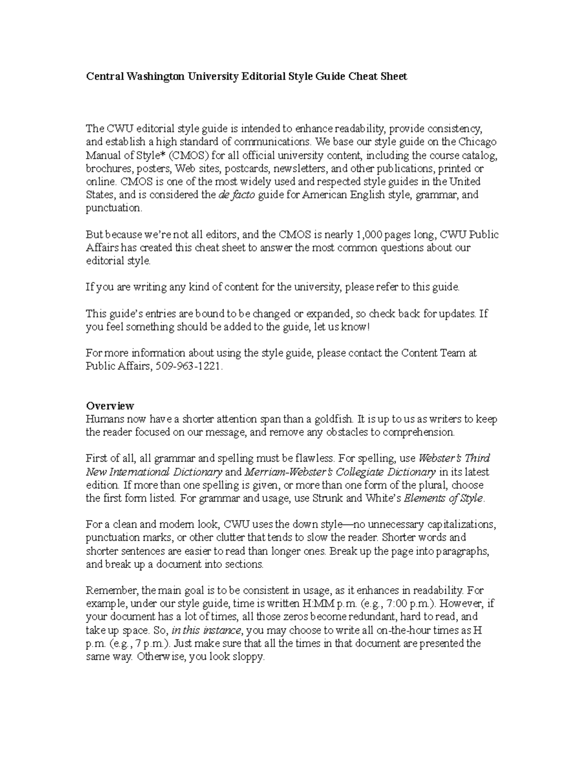 CWU Editorial Style Guide Cheat Sheet - Central Washington University ...