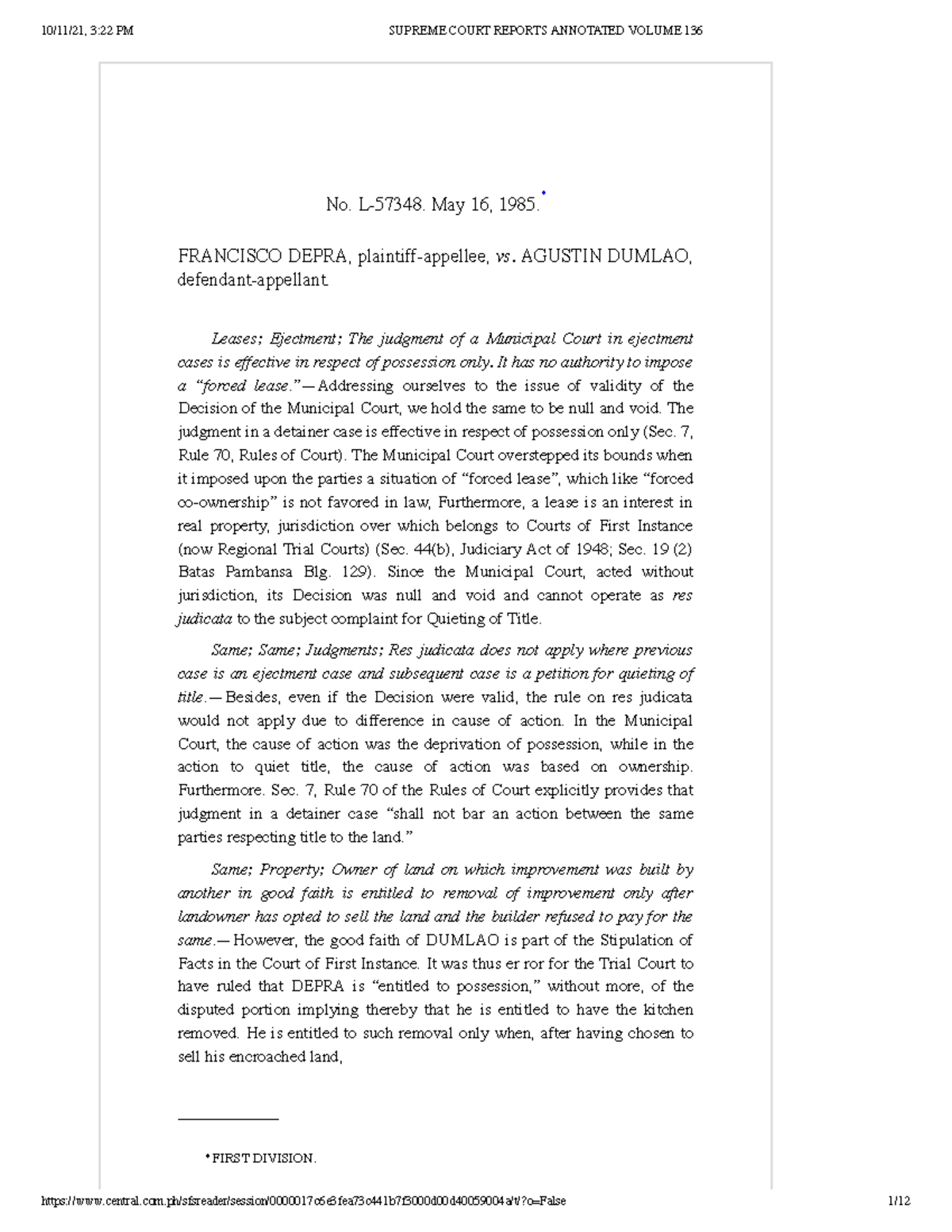 Depra vs Dumlao [G.R. No. L-57348. May 16, 1985 - No. L-57348. May 16 ...