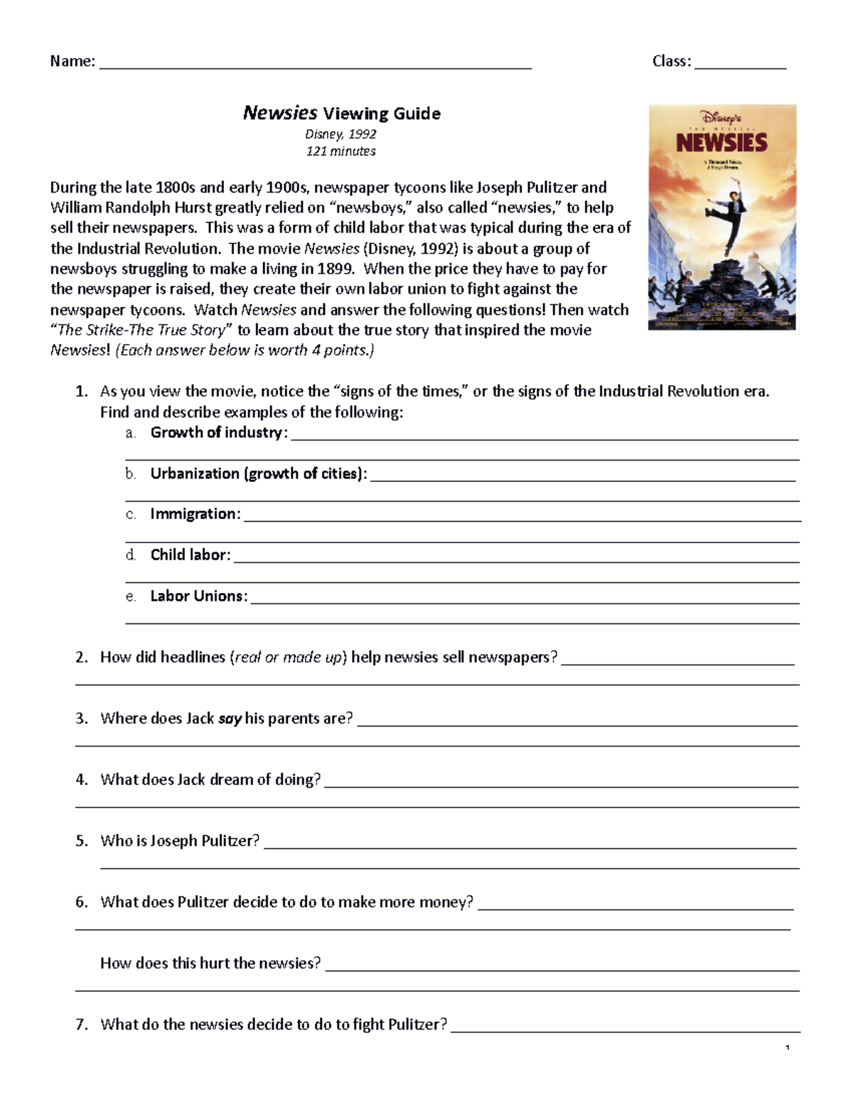 Newsies Viewing Guide - I’m tired - Name