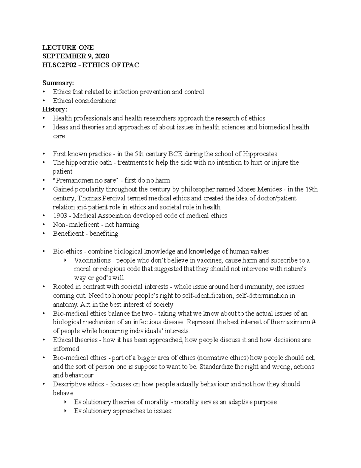 Lecture ONE - SEPT 9, 2020 - LECTURE ONE SEPTEMBER 9, 2020 HLSC2P02 ...