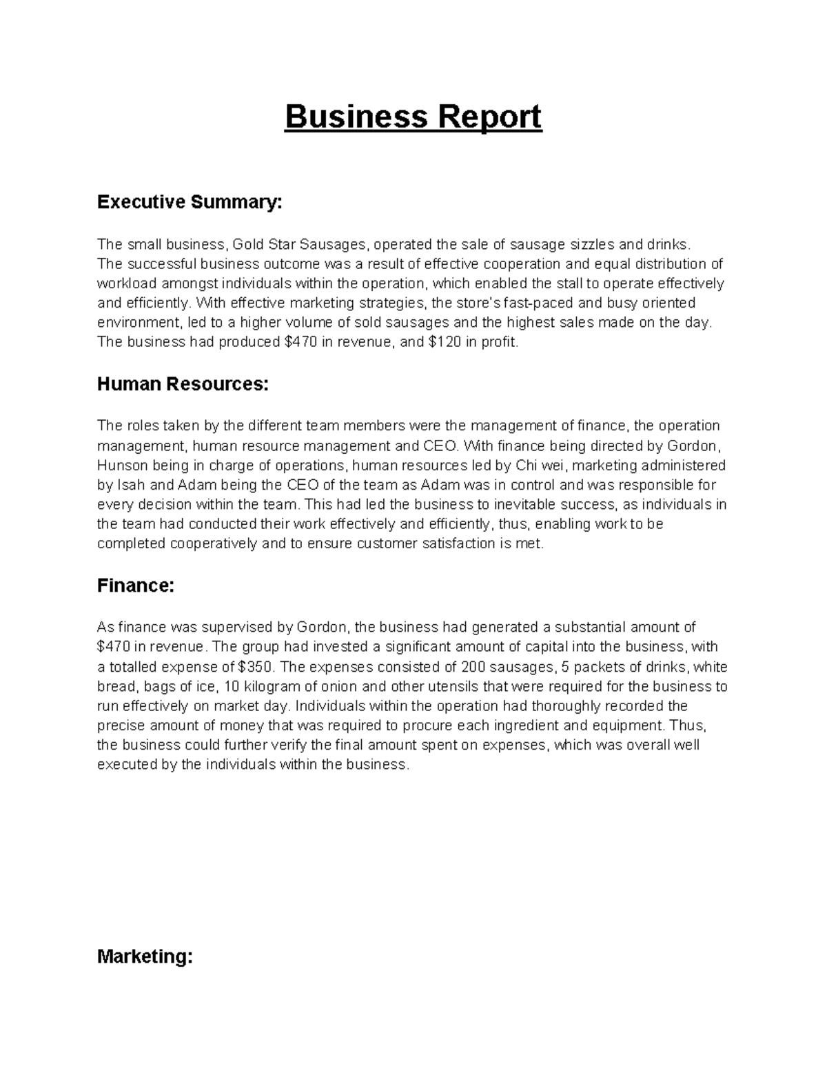 Business Report - Essay - Business Report Executive Summary: The small ...