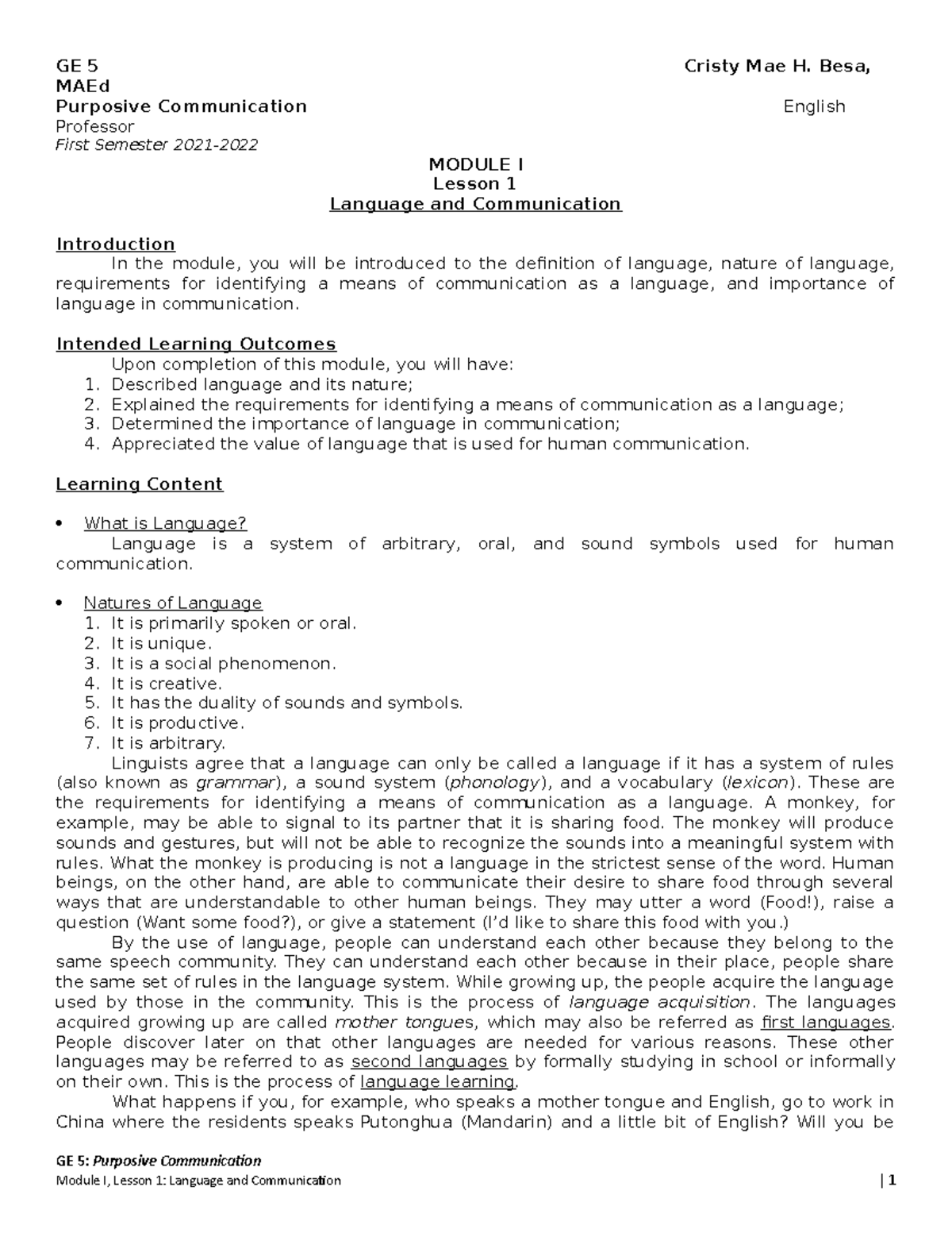Module 1-Lesson 1 in purposive communicatiob - GE 5 Cristy Mae H. Besa ...