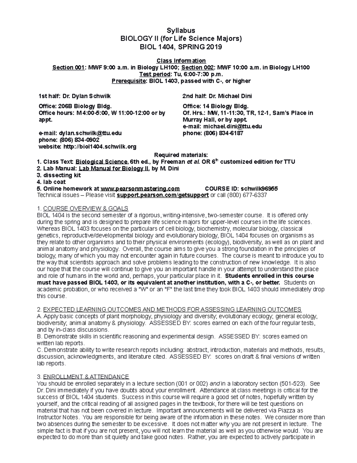 Biology 1404 Syllabus Syllabus Biology Ii For Life Science Majors