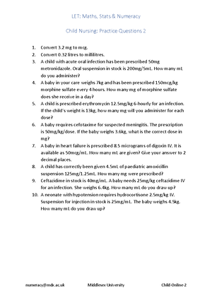 Child Nursing Drug Calculation Worksheet - LET: Maths, Stats & Numeracy ...
