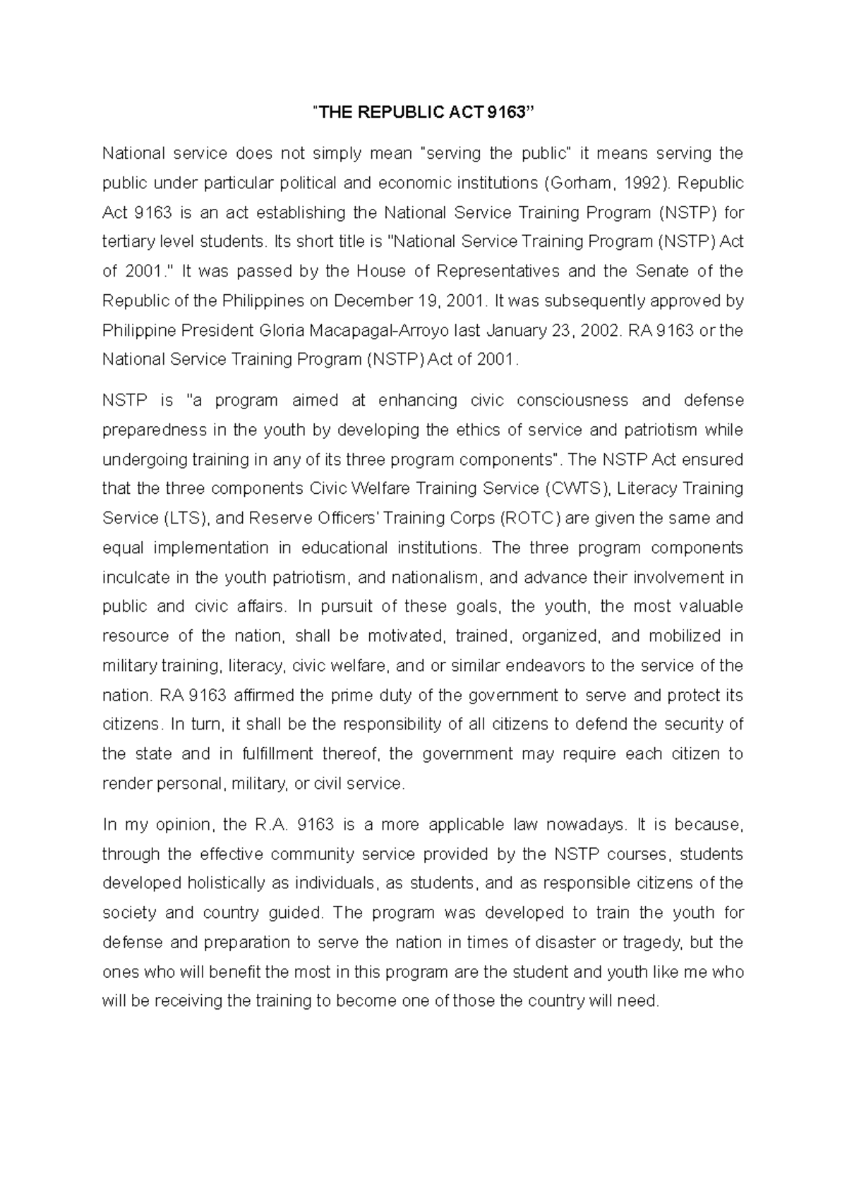 THE Republic ACT 9163 - “THE REPUBLIC ACT 9163” National service does ...