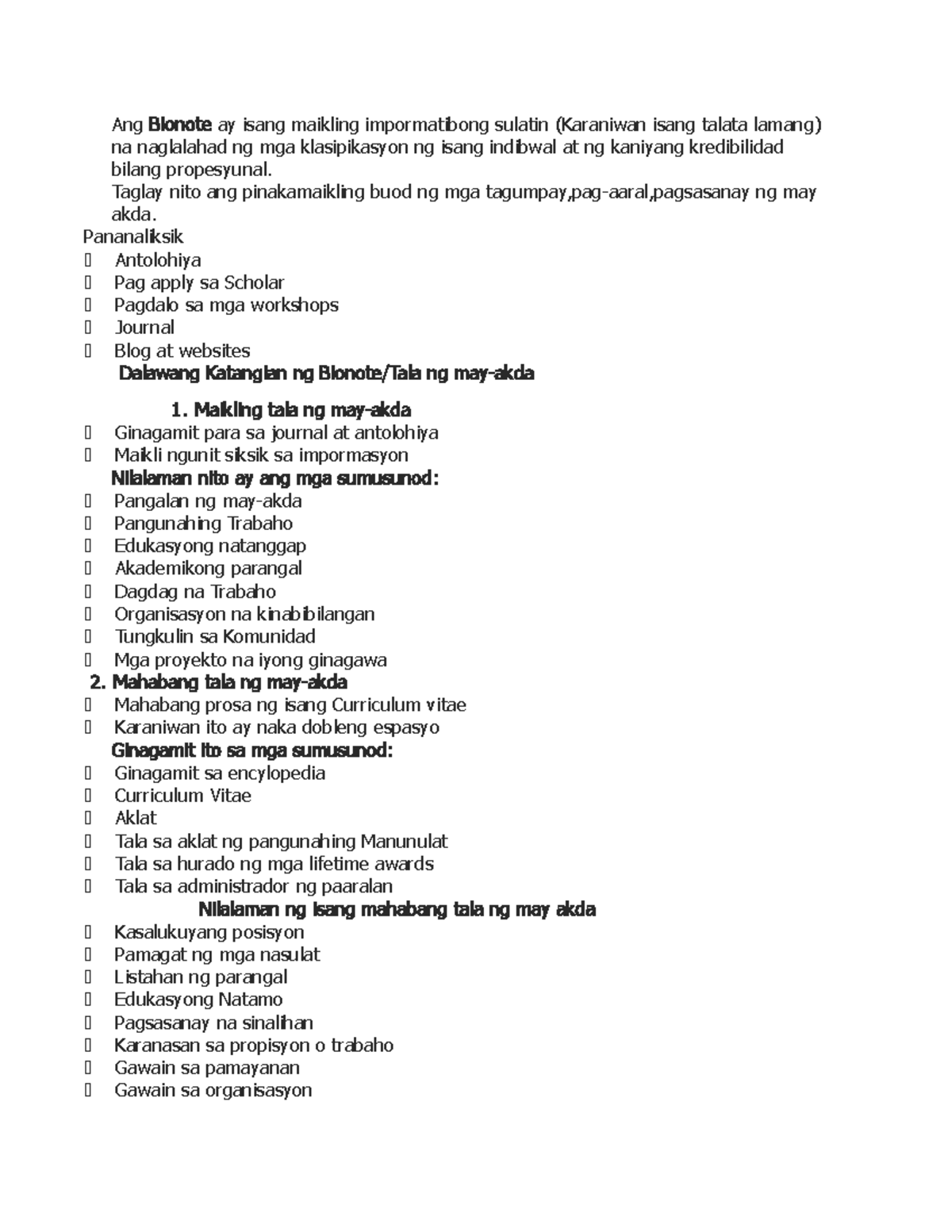 Bionote - Taglay nito ang pinakamaikling buod ng mga tagumpay,pag-aaral ...