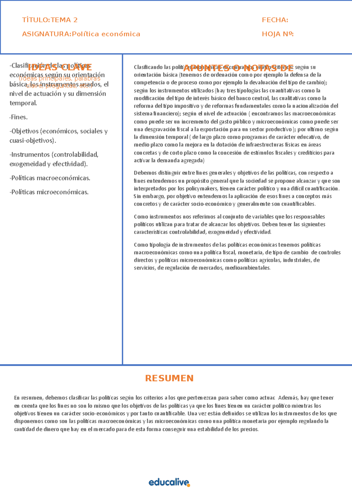 Resumen tema2 - resúmenes de los temas 1-5 - TÍTULO:TEMA 2 FECHA: ASIGNATURA:Política económica ...