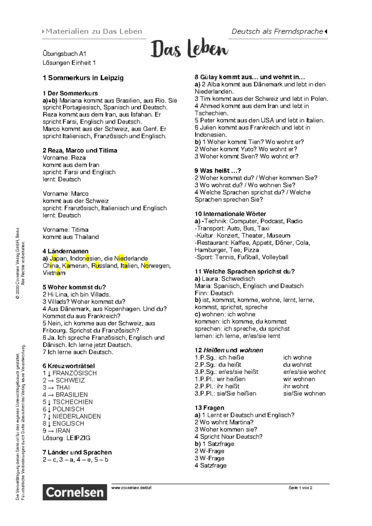 Das Leben Answer - Übungsbuch A Lösungen Einheit 1 cornelsen/daf Seite ...
