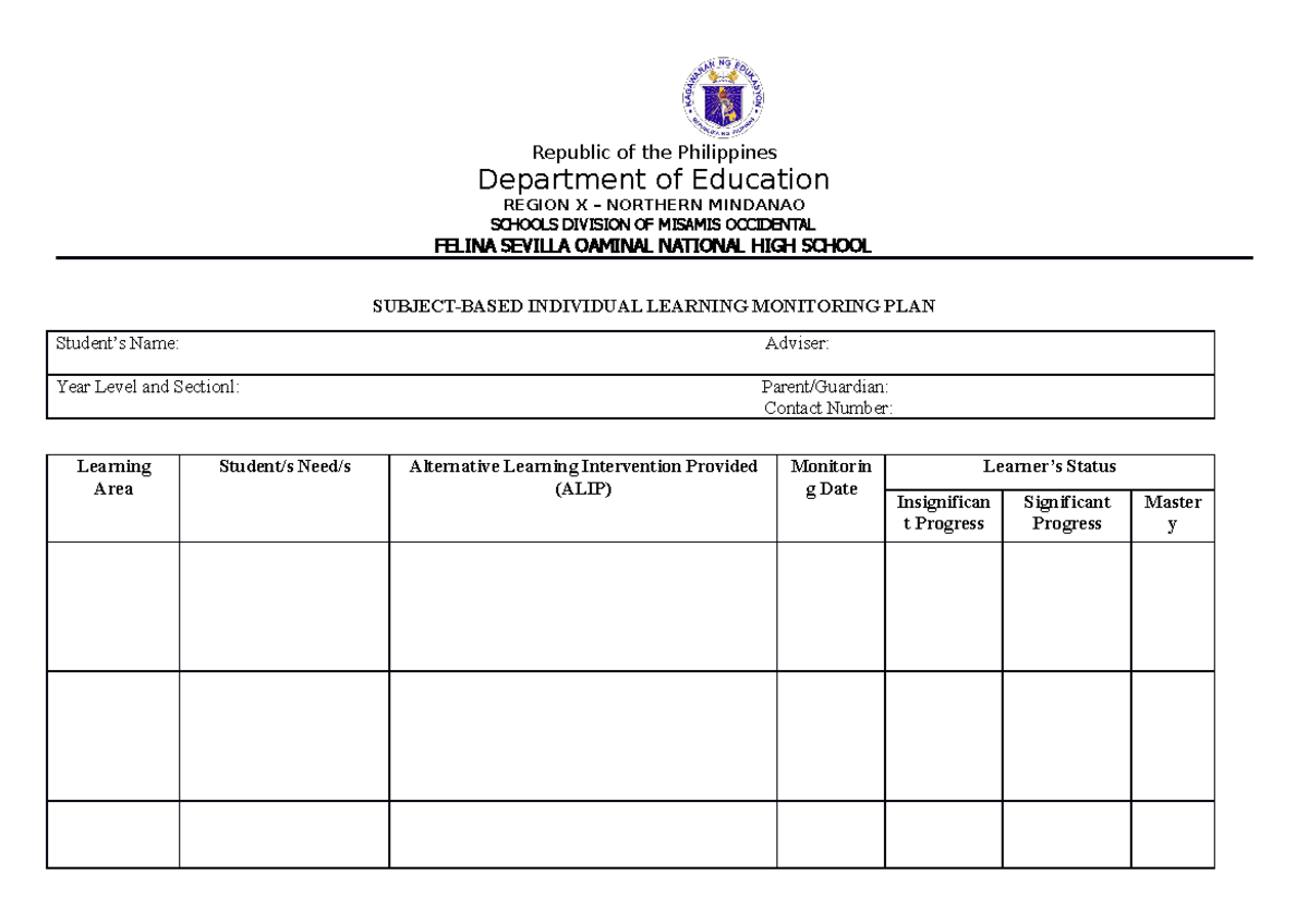 ILMP-Sample - MONITORING PLAN - Republic of the Philippines Department ...