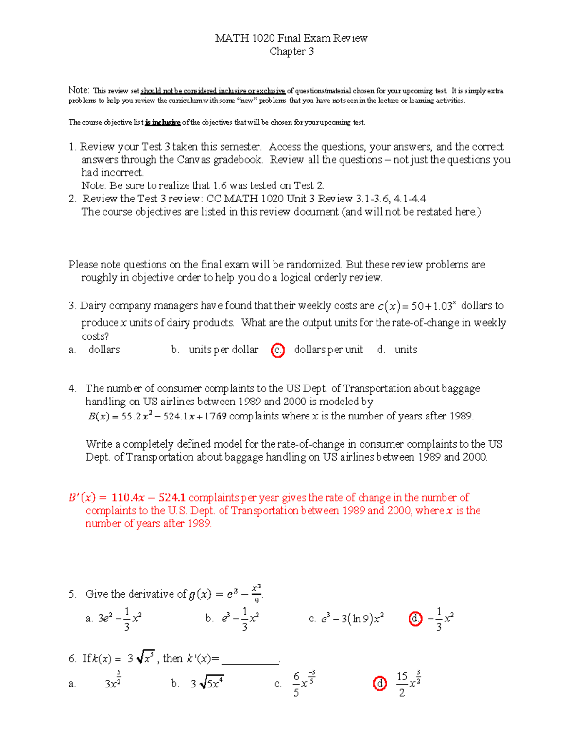 MATH 1020 FE Review - Chapter 3 KEY - MATH 1020 Final Exam Review Chapter 3 Note: This review ...