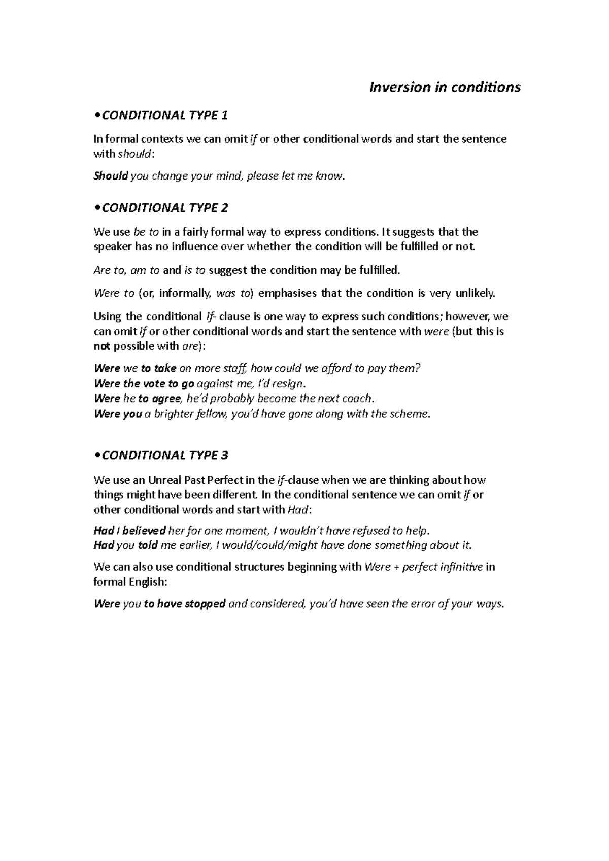 Notes about inversion. Conditionals - Lingua Inglesa 4 - UDC - Studocu