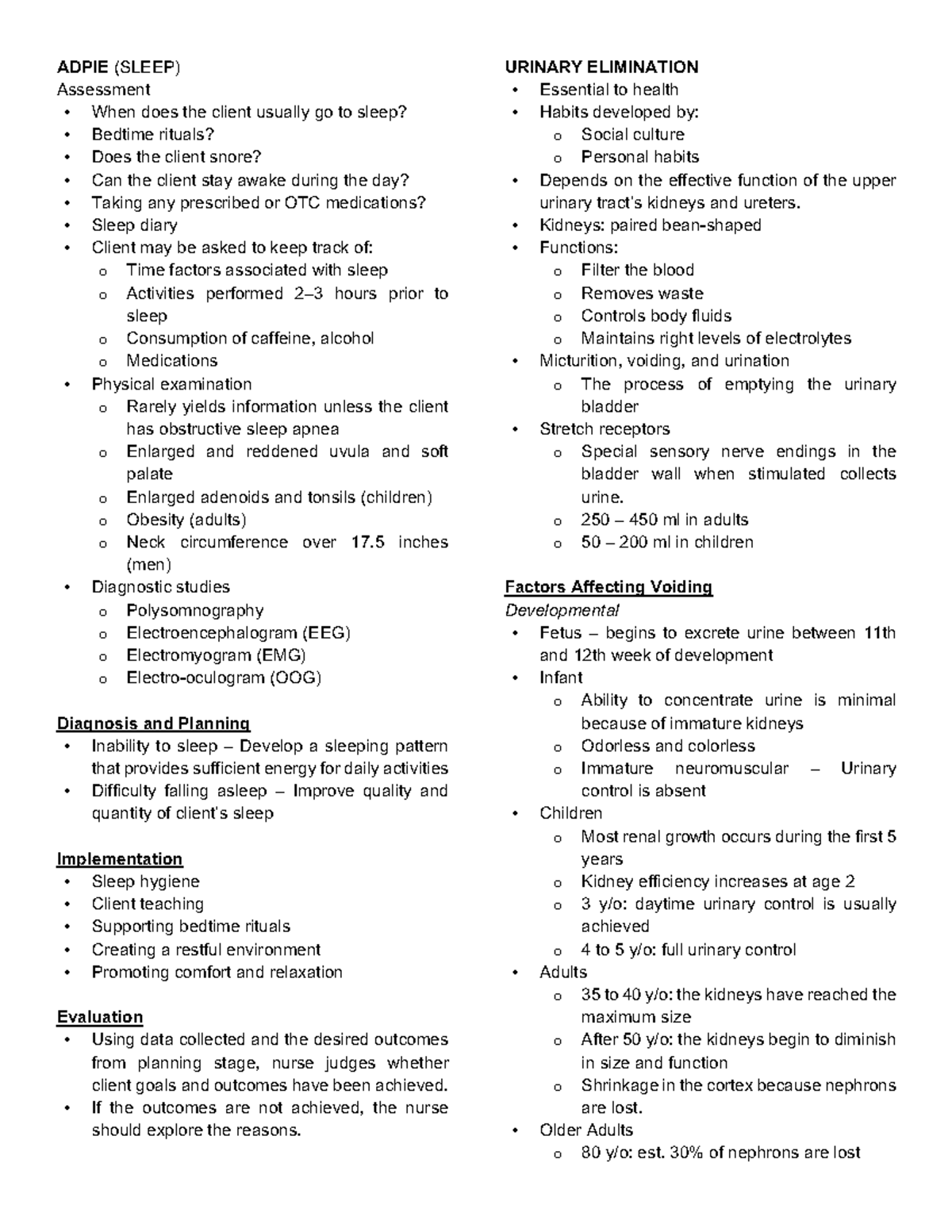 Urinary- Elimination - ADPIE ( SLEEP) Assessment - When does the client ...