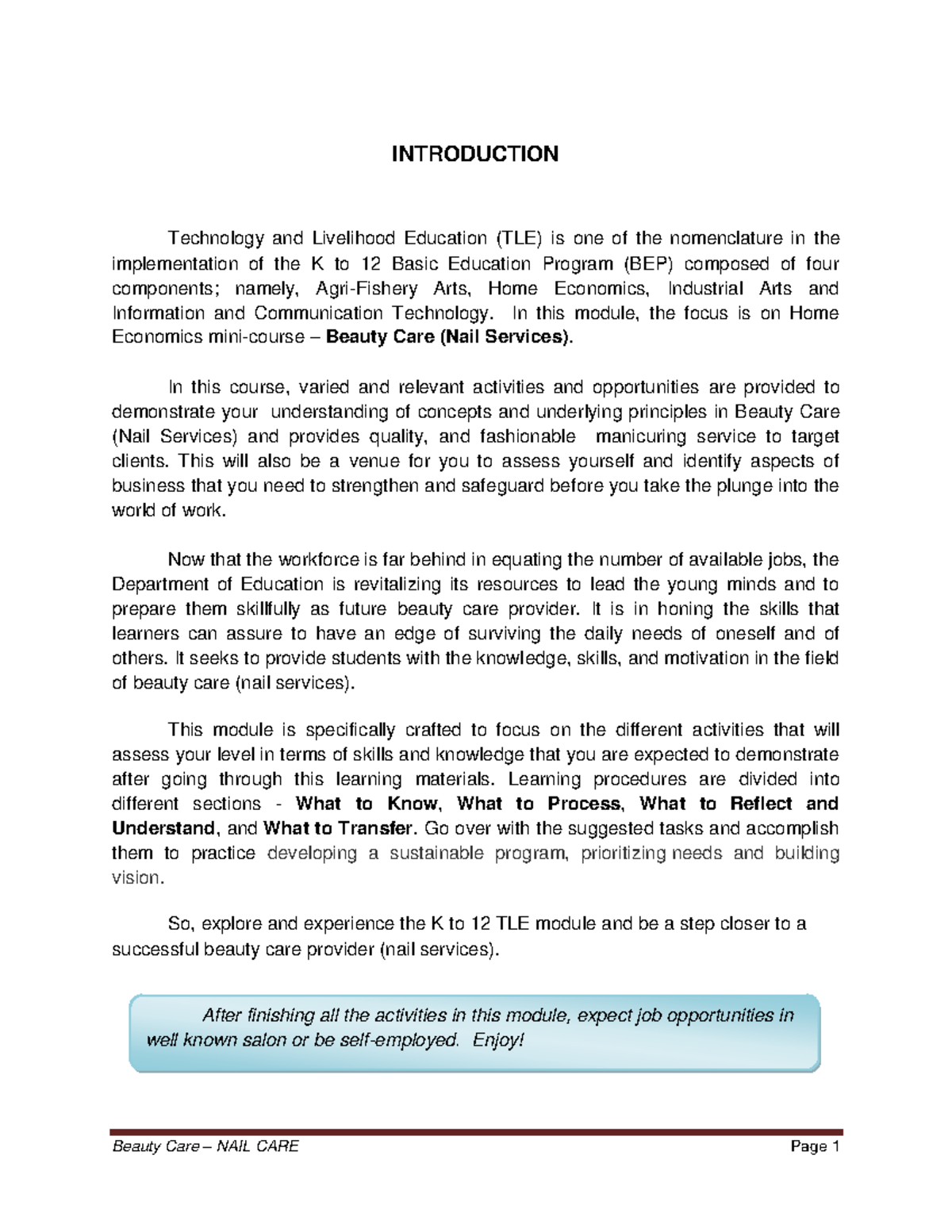 LM - Beauty CARE - lecture - INTRODUCTION Technology and Livelihood ...