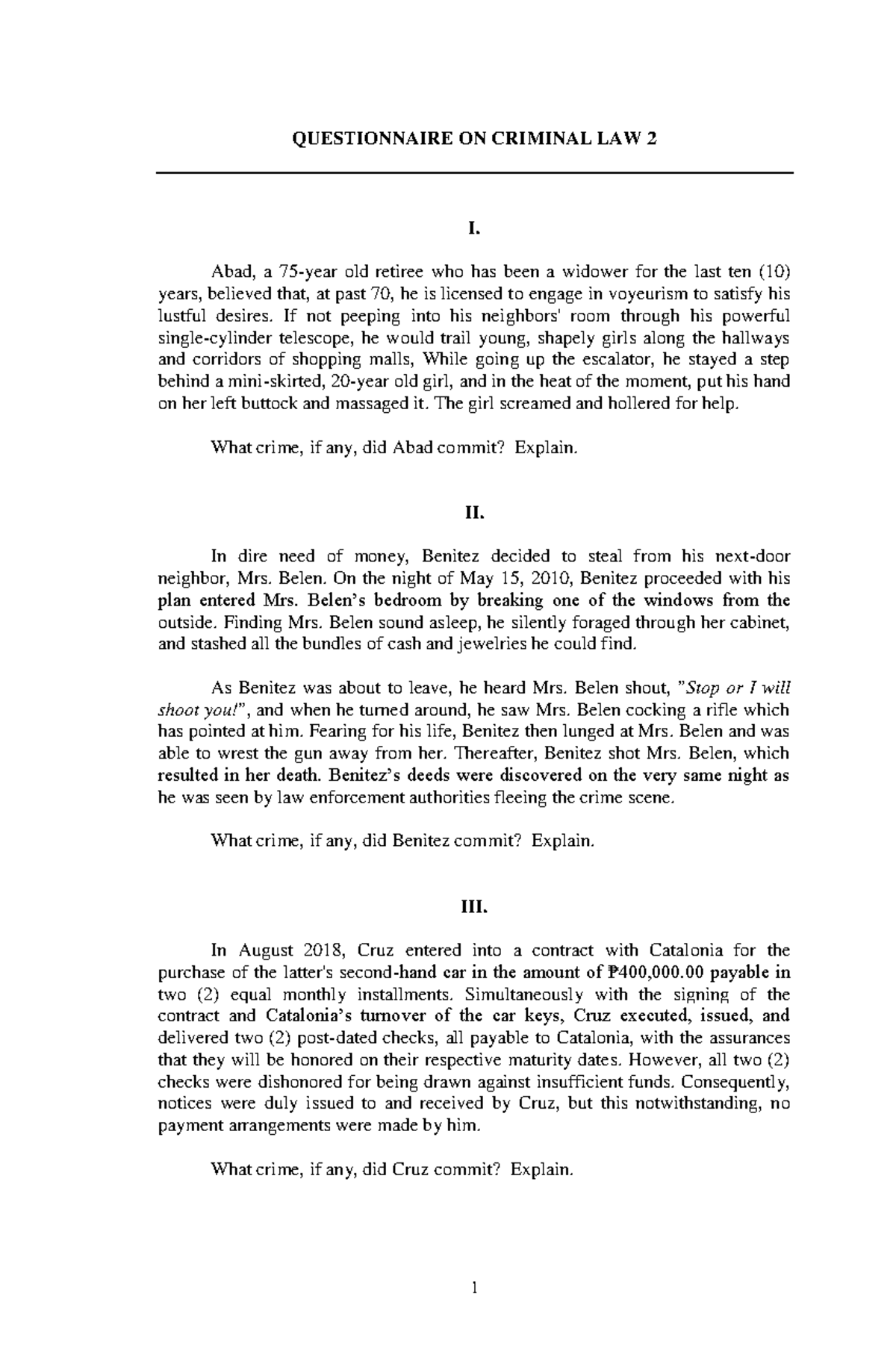 Sample Questionnaire for Criminal Law 2 - Doctor of Jurisprudence - Studocu