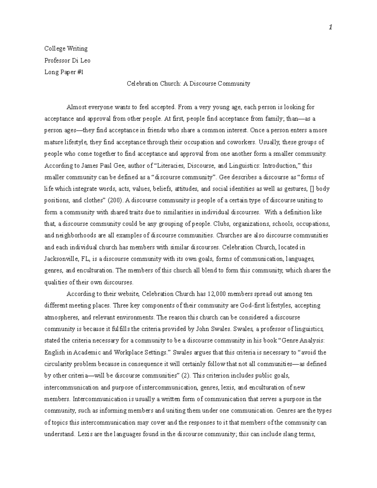 Long paper #1 - College Writing Professor Di Leo Long Paper ...