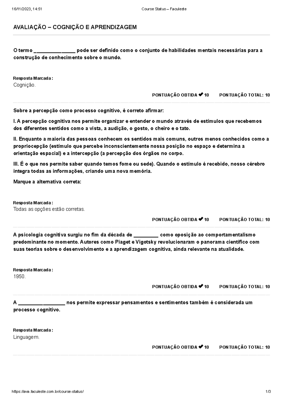 Avaliação – Cognição E Aprendizagem - 16/11/2023, 14:51 Course Status ...