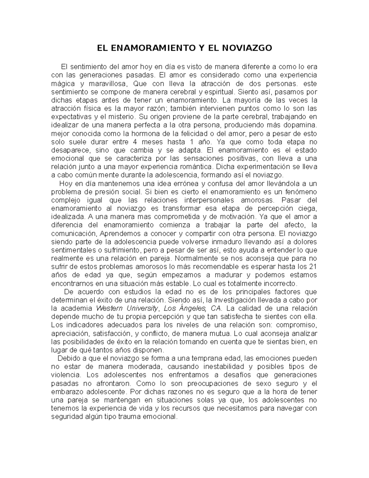 El Enamoramiento Y El Noviazgo Ensayo El Enamoramiento Y El Noviazgo