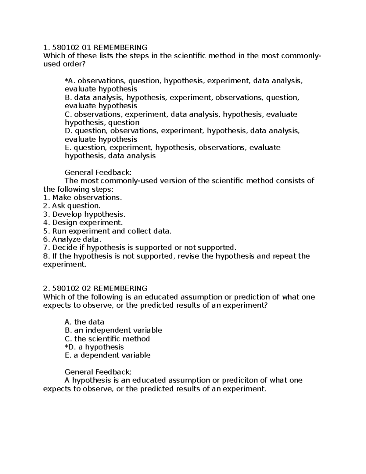Scientific Method Pre-Lab Questions - 1. 580102 01 REMEMBERING Which of ...