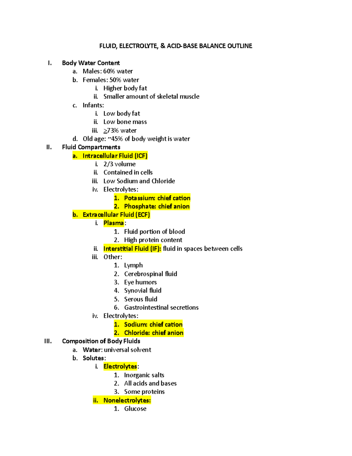Fluid, Electrolyte, Acid-Base Outline - FLUID, ELECTROLYTE, & ACID-BASE ...