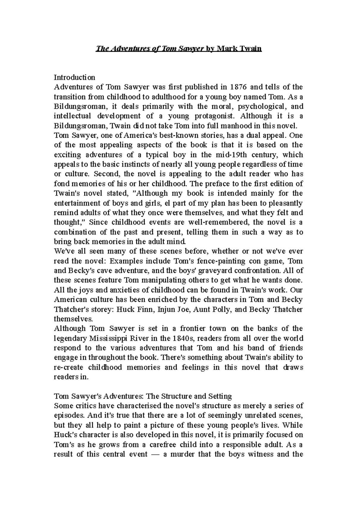 The Adventures of Tom Sawyer by Mark Twain - American Literature - AMU ...