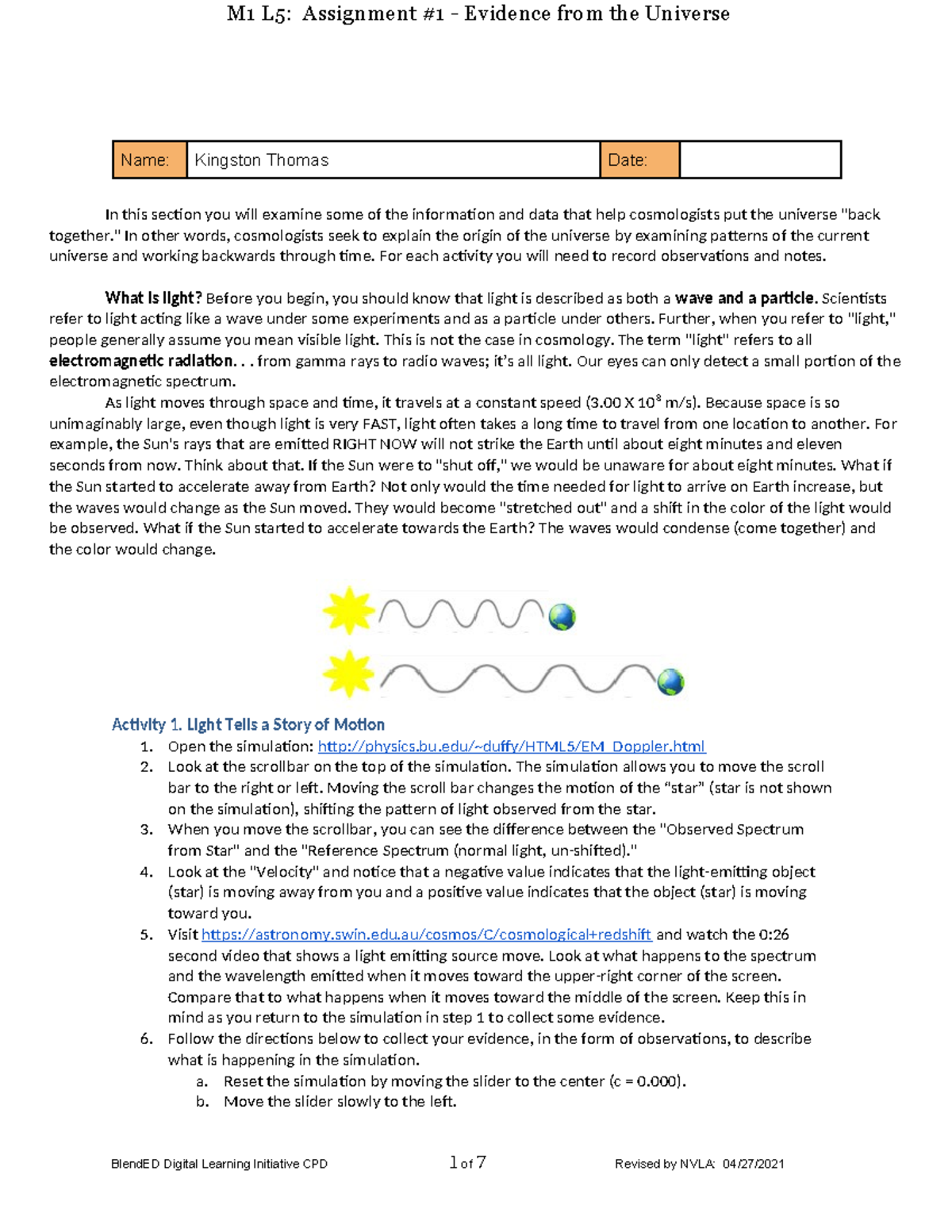 Copy of M1 L5 Assignment 1 - Evidence from the Universe - Name ...