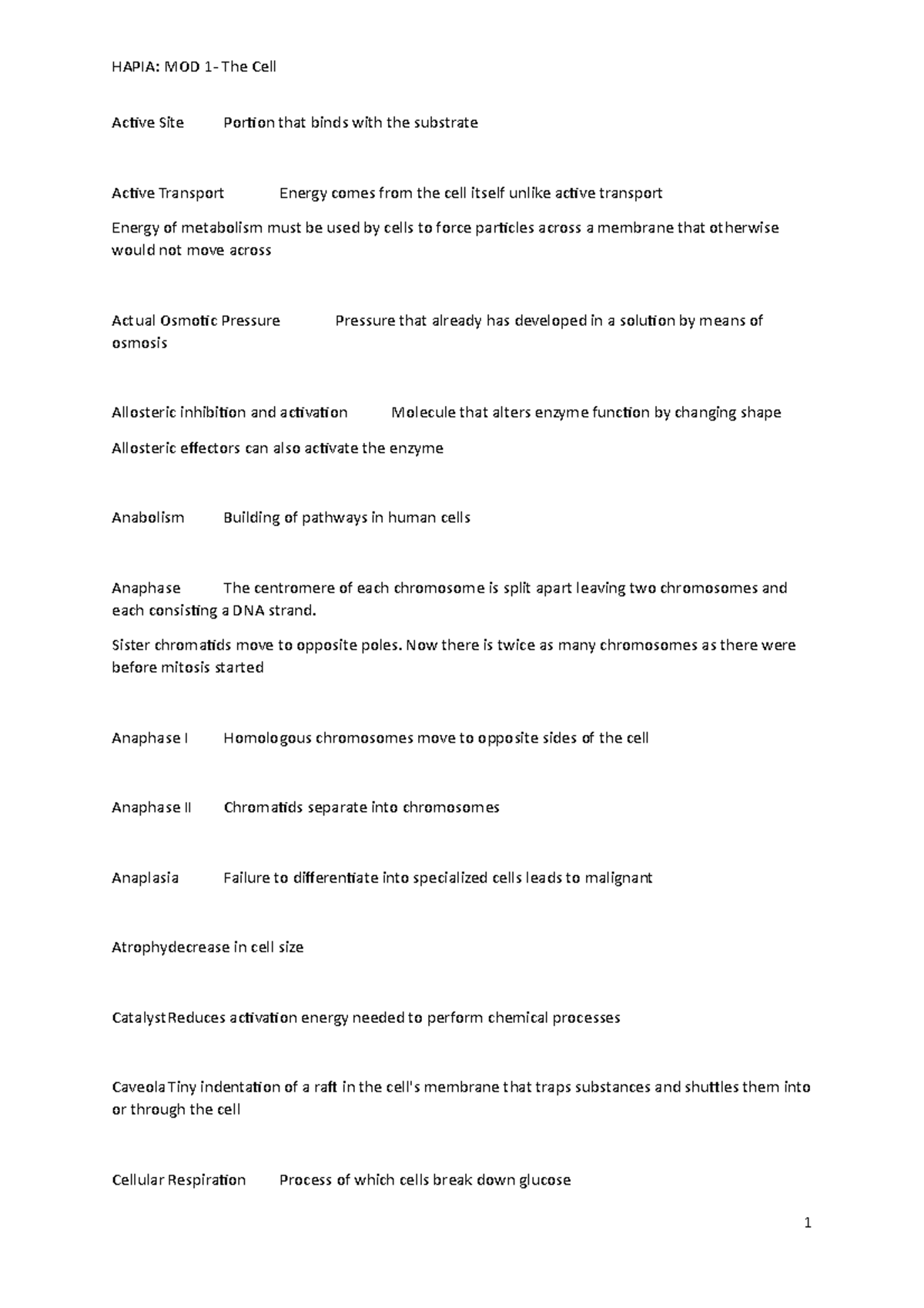 Hapia MOD 1- THE CELL - the cells module and the outline of what they ...