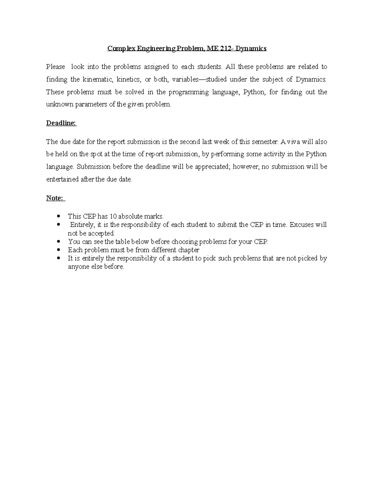 CEP for Dynamics - CEP Task - Complex Engineering Problem, ME 212 ...