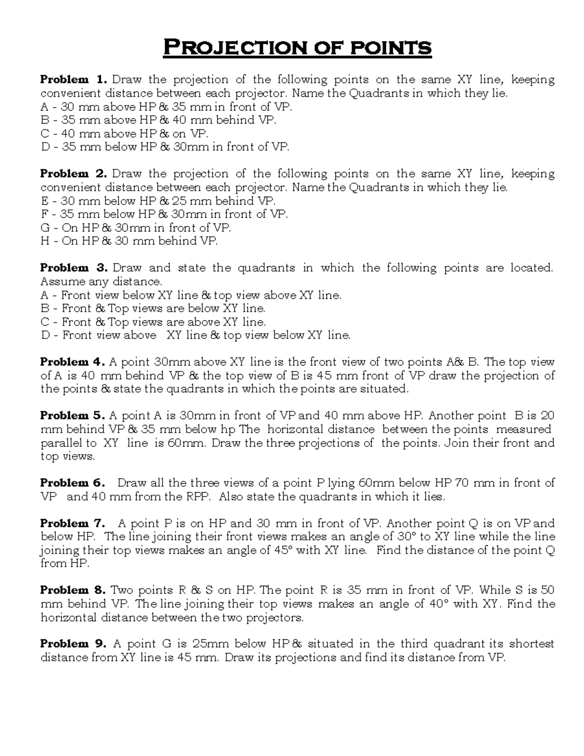 Projection of points - Projection of points Problem 1. Draw the ...