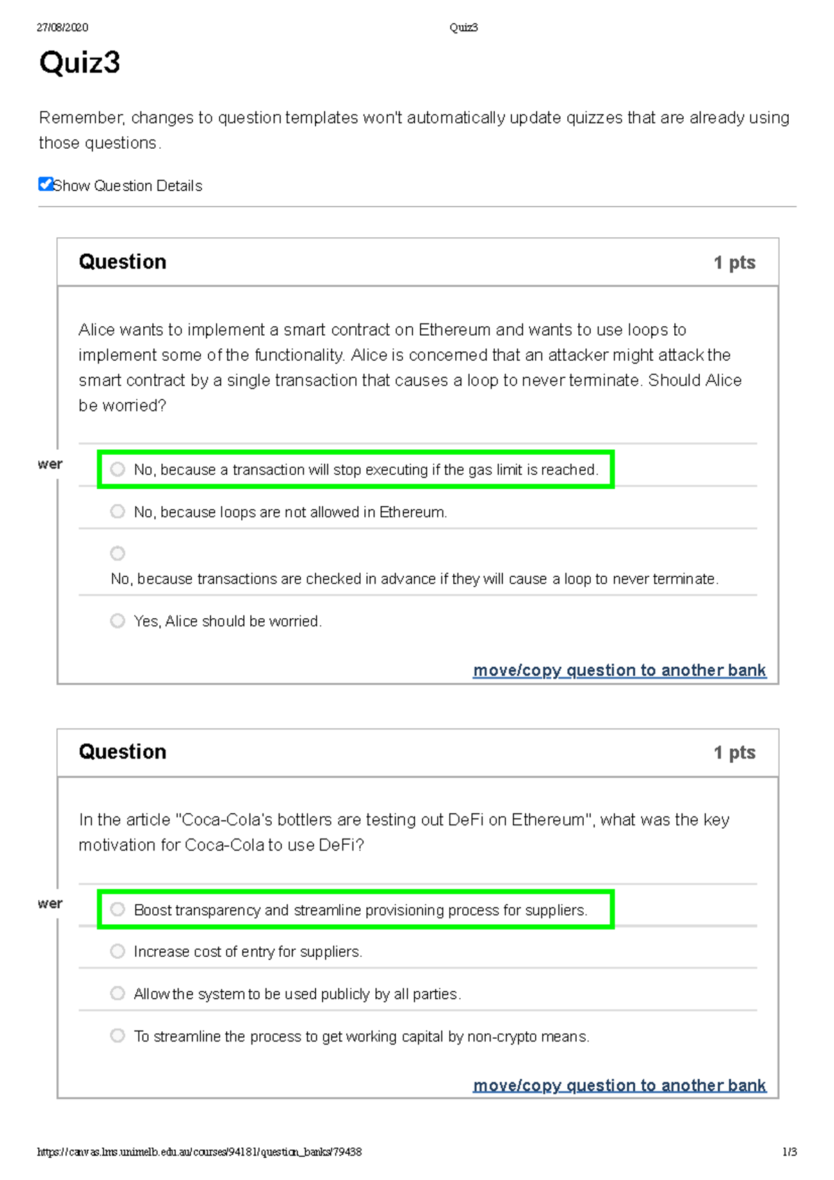 Quiz3 - Questions and answers of weekly in class quizzes. Five ...