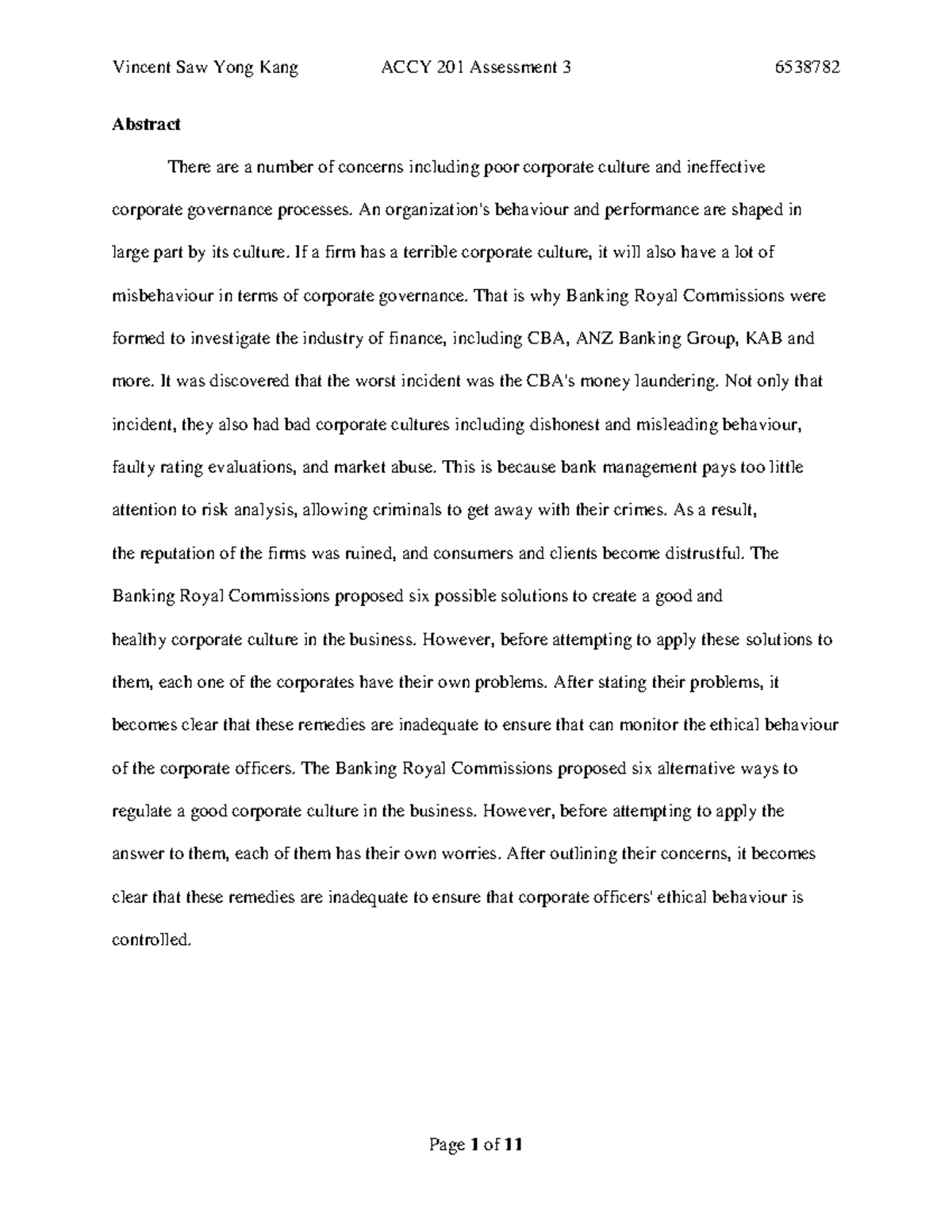 ACCY 201 Assessment 3 - Abstract There are a number of concerns ...