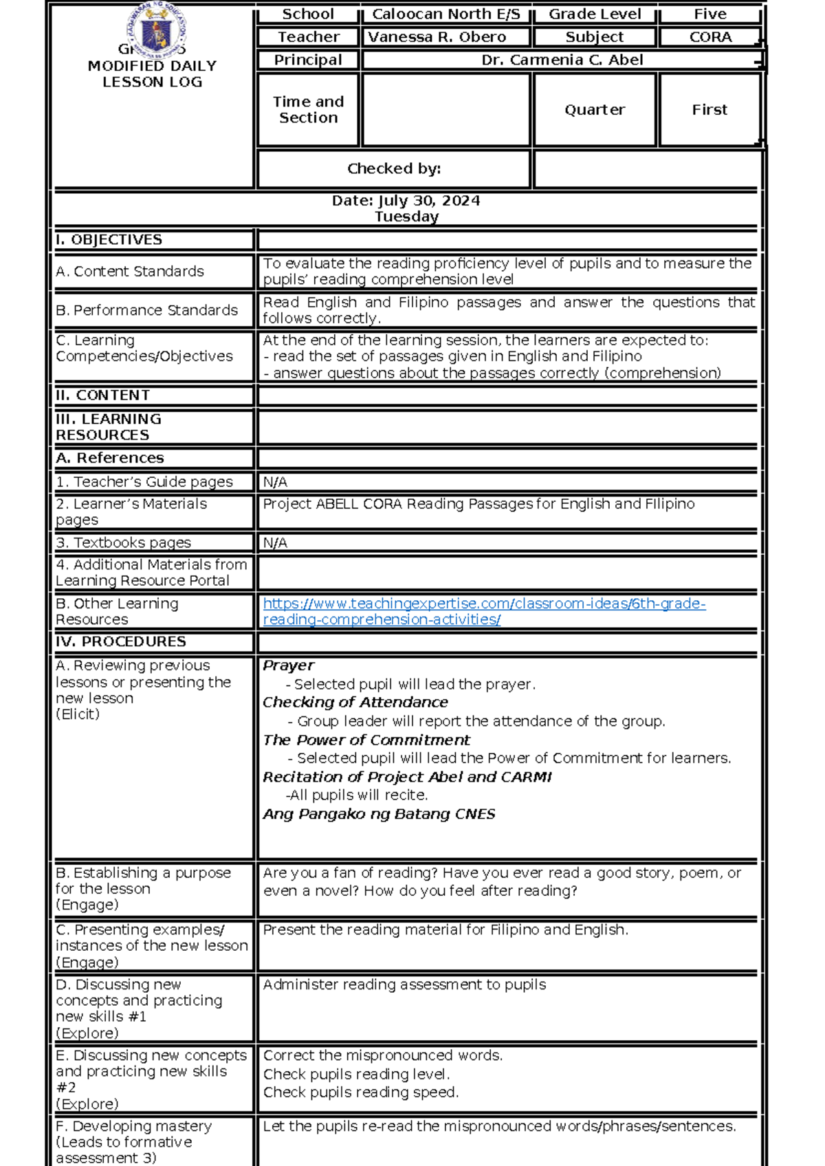 G5- Lesson-PLAN-CORA (Recovered) - GRADE 5 MODIFIED DAILY LESSON LOG ...