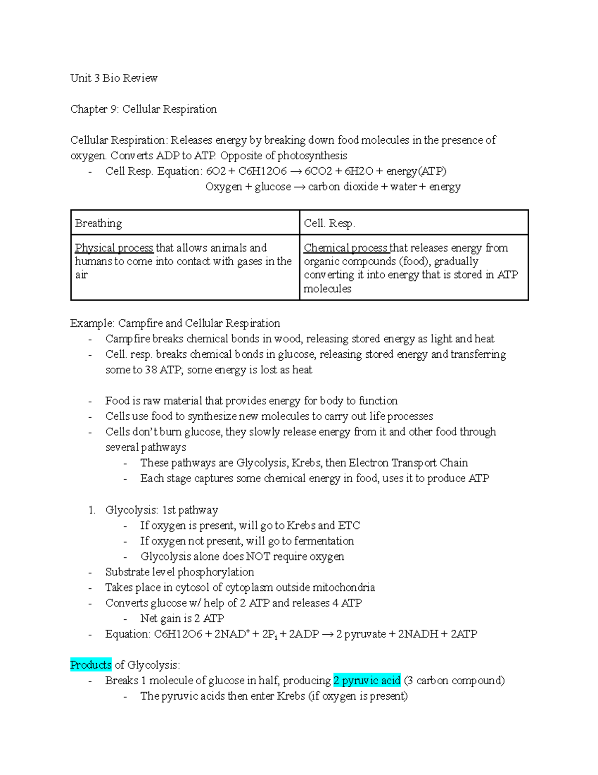 Unit 3 Bio Notes - Unit 3 Bio Review Chapter 9: Cellular Respiration ...