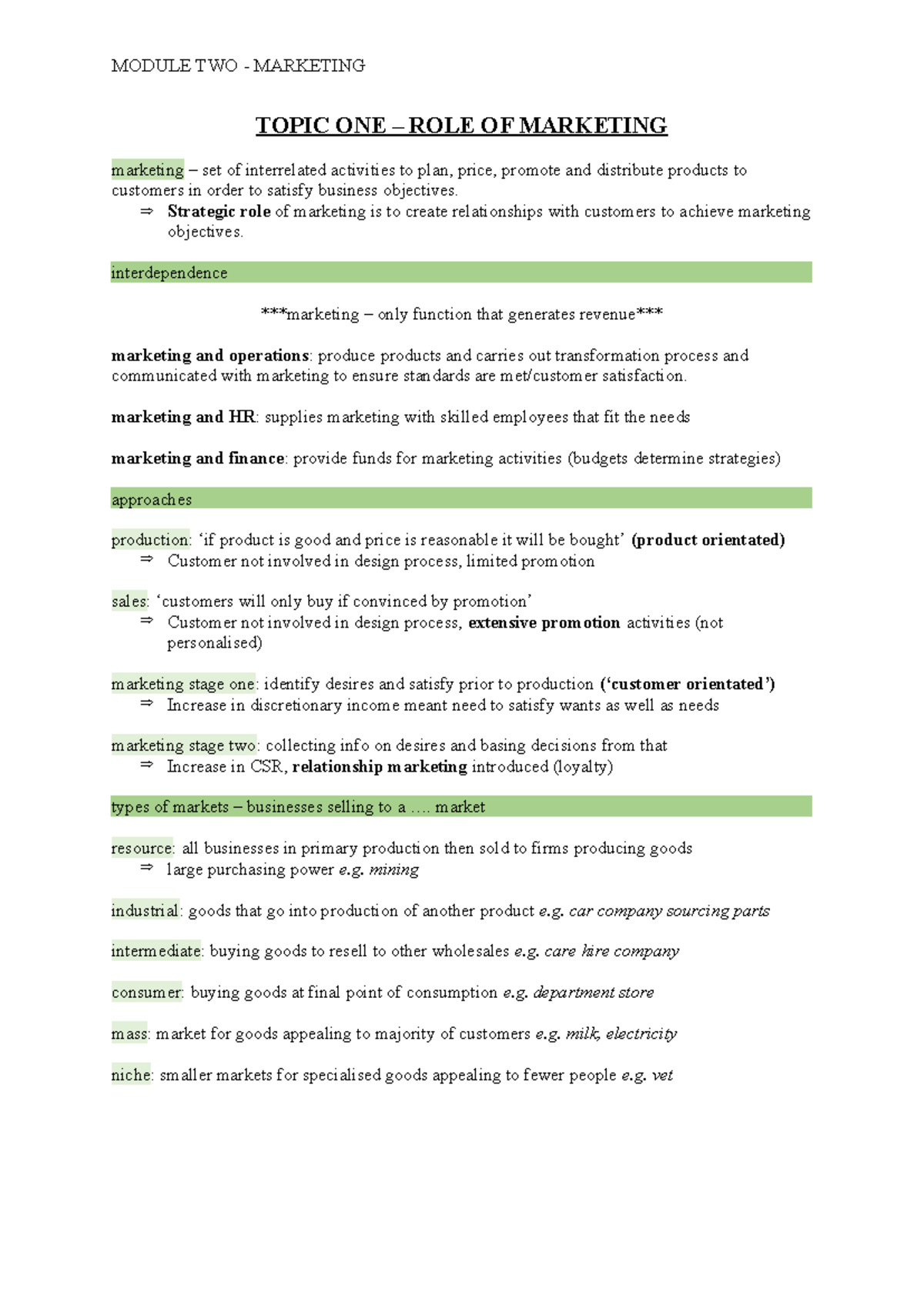 Marketing notes - TOPIC ONE – ROLE OF MARKETING marketing – set of ...