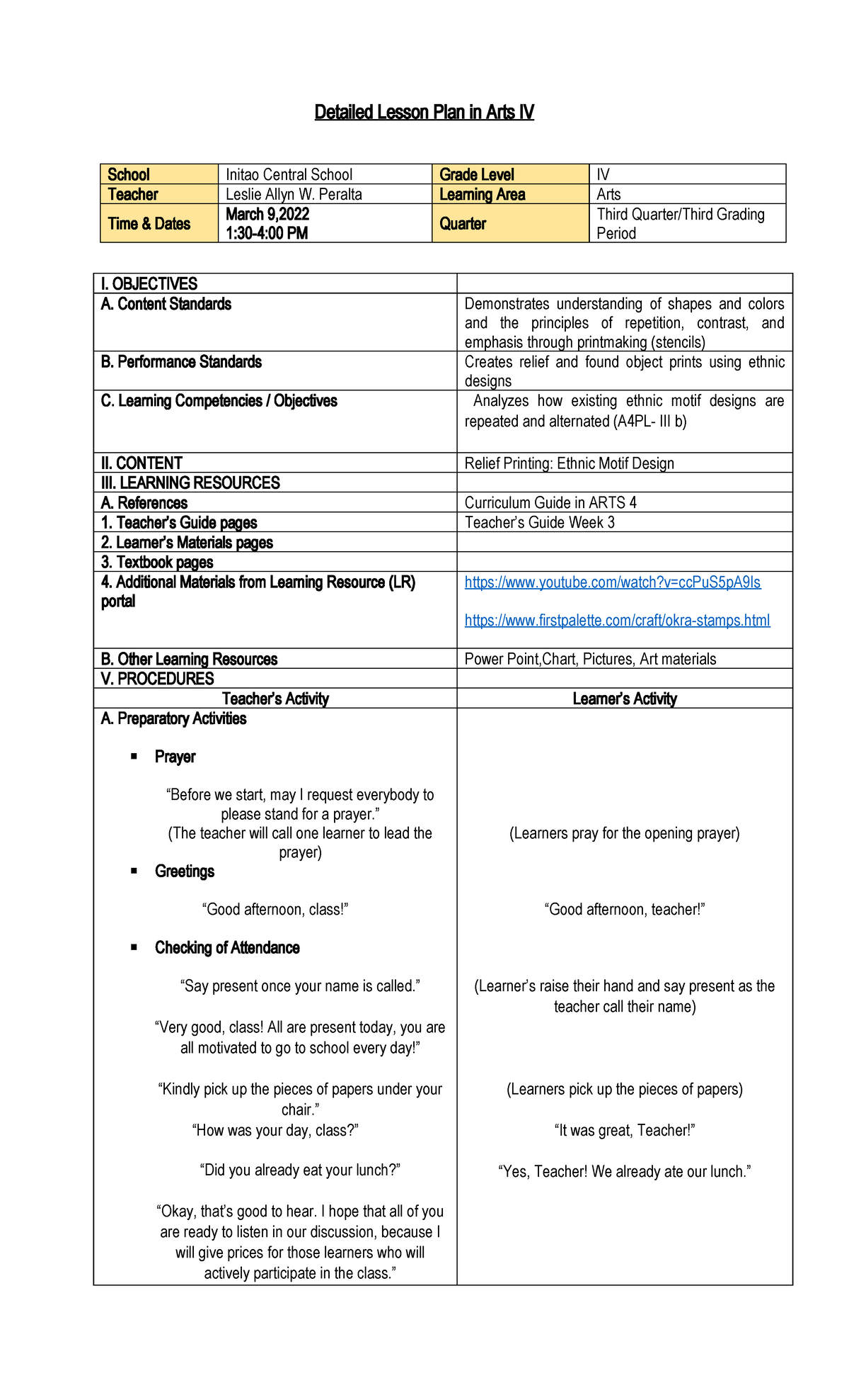 Pdfcoffee - Detailed Lesson Plan in Arts IV School Initao Central ...