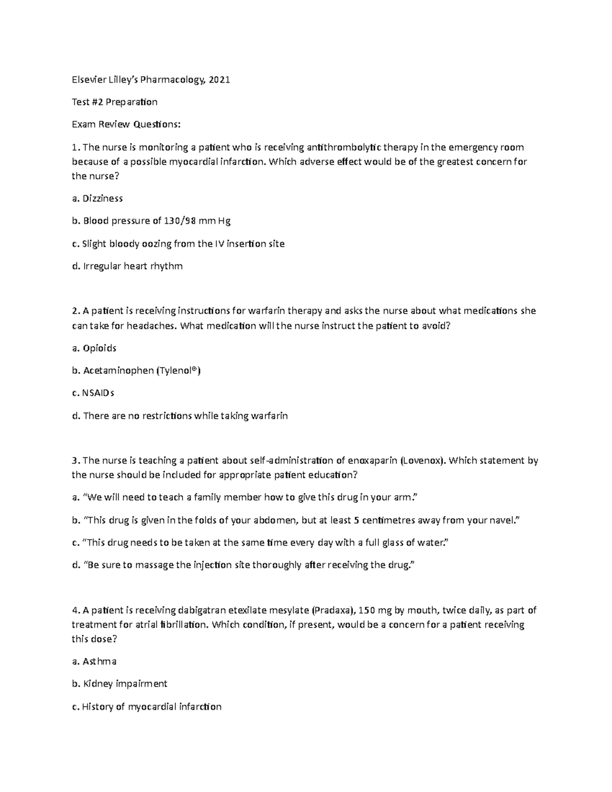 Test 2 Review Questions - Elsevier Lilley’s Pharmacology, 2021 Test #2 ...