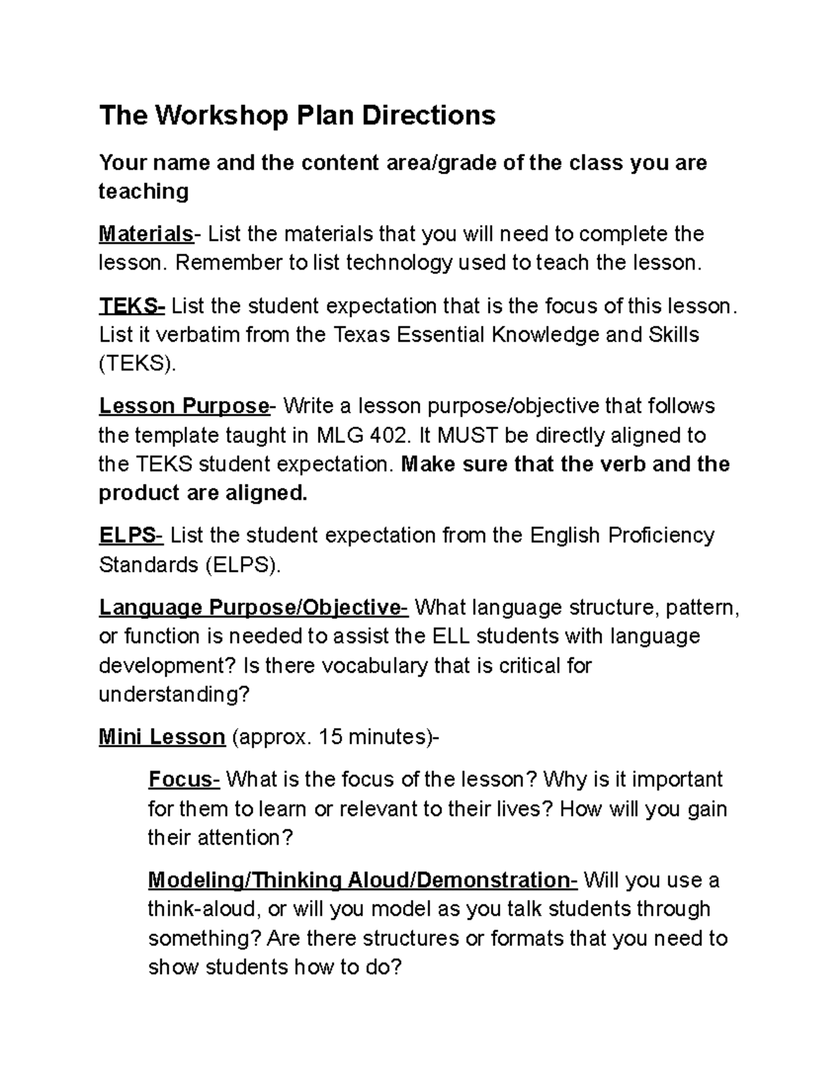 Workshop Plan Directions MLG 402 - The Workshop Plan Directions Your ...