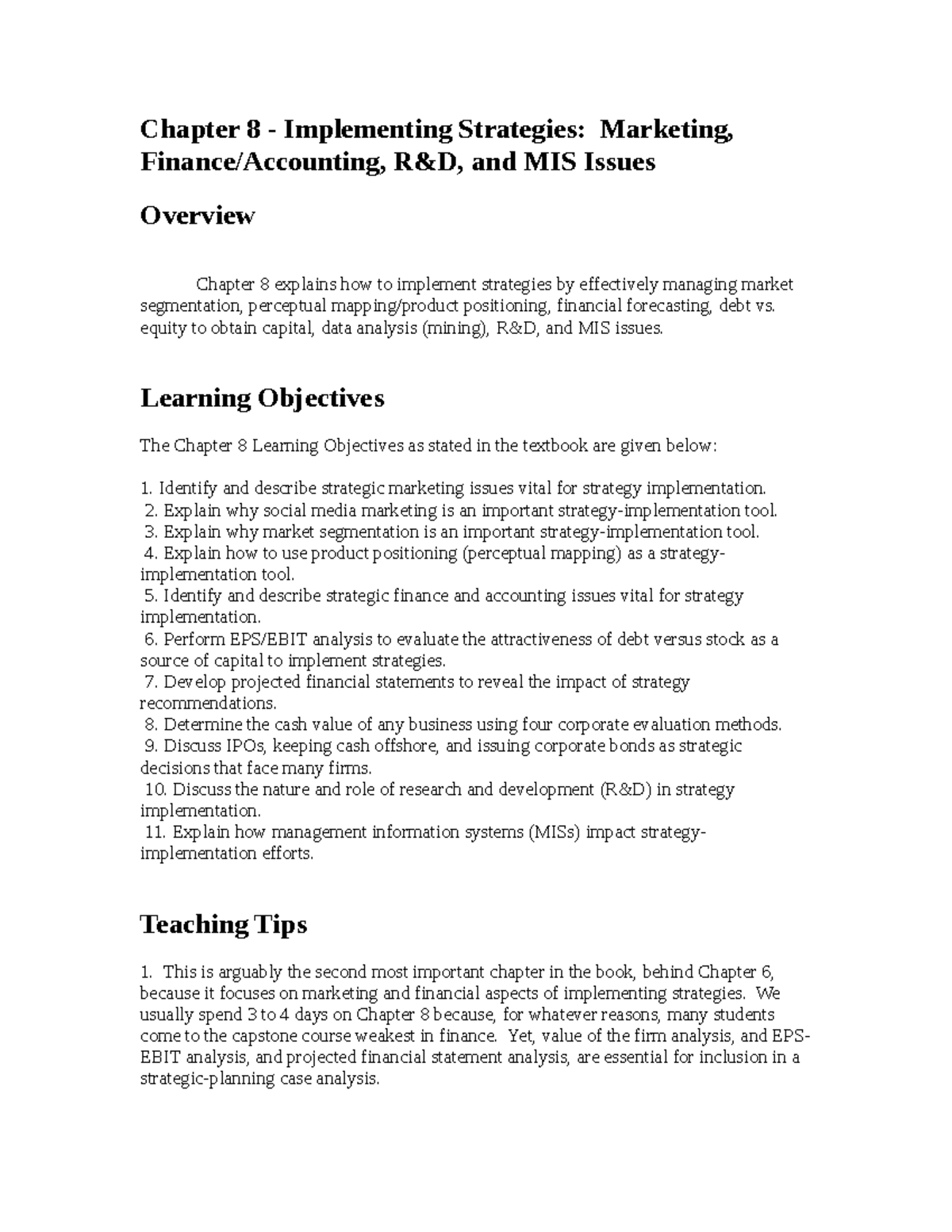 Docx - M/C with answers - Chapter 8 - Implementing Strategies ...