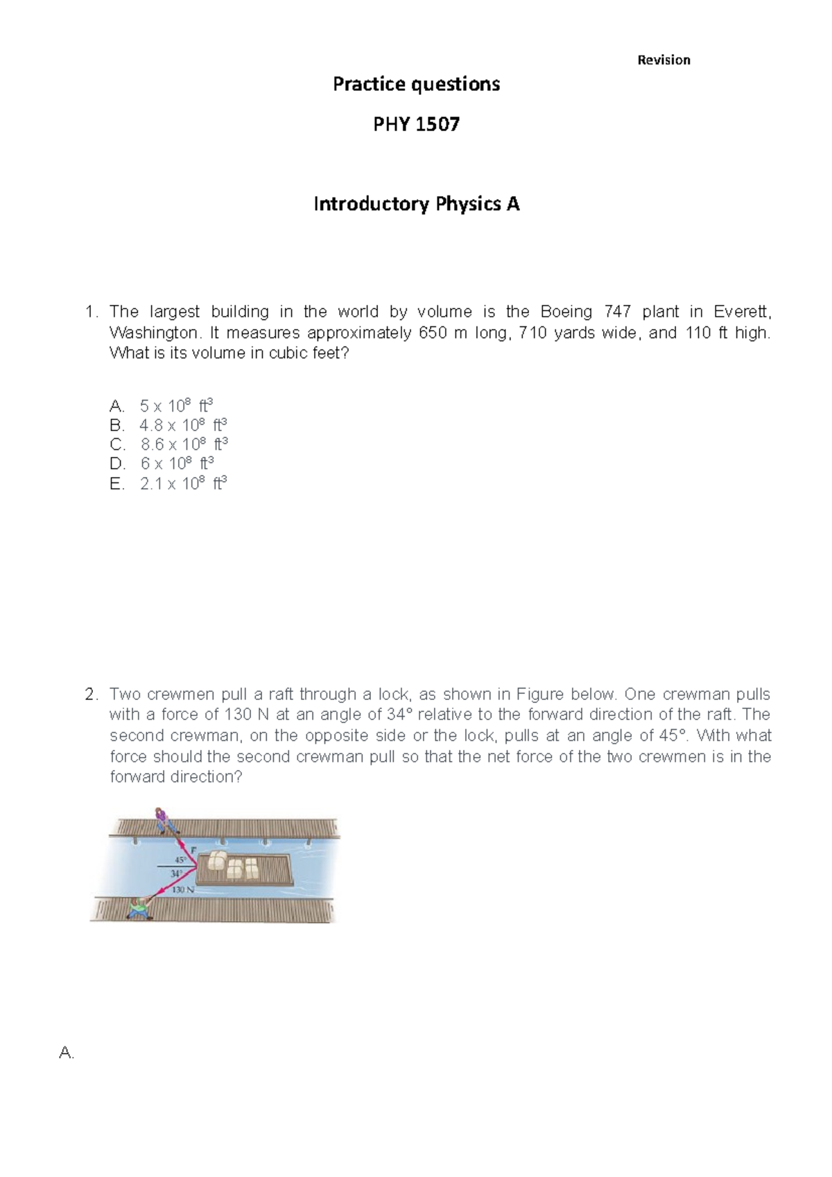 PHY1507 Practice questions - Revision Practice questions PHY 1507 ...