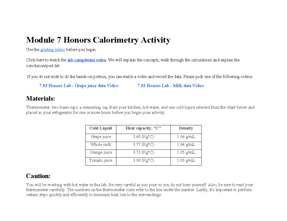Chemistry 7.03 Honors Assessment - Module 7 Honors Calorimetry Activity Use the grading rubric ...