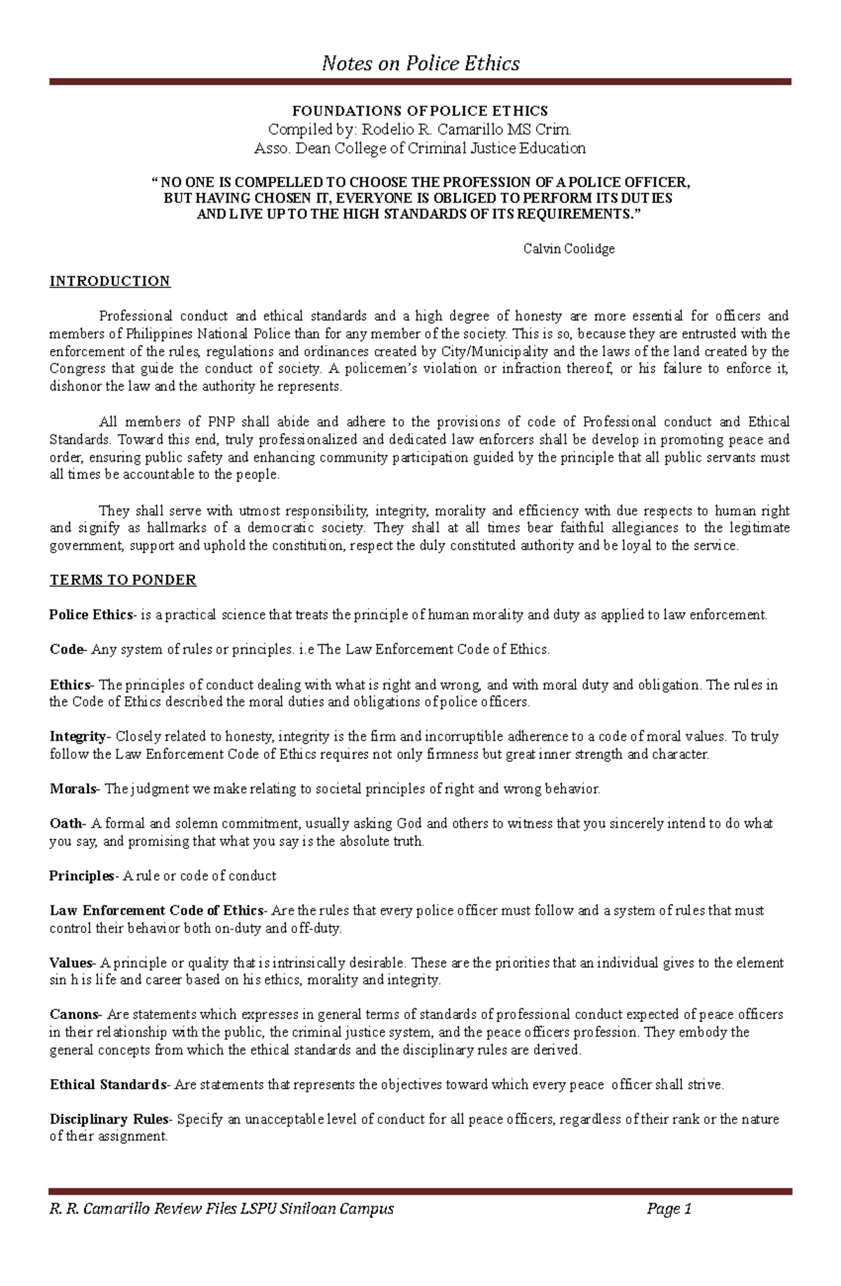 Notes police ethics LSPU Siniloan Campus 3 - FOUNDATIONS OF POLICE ...