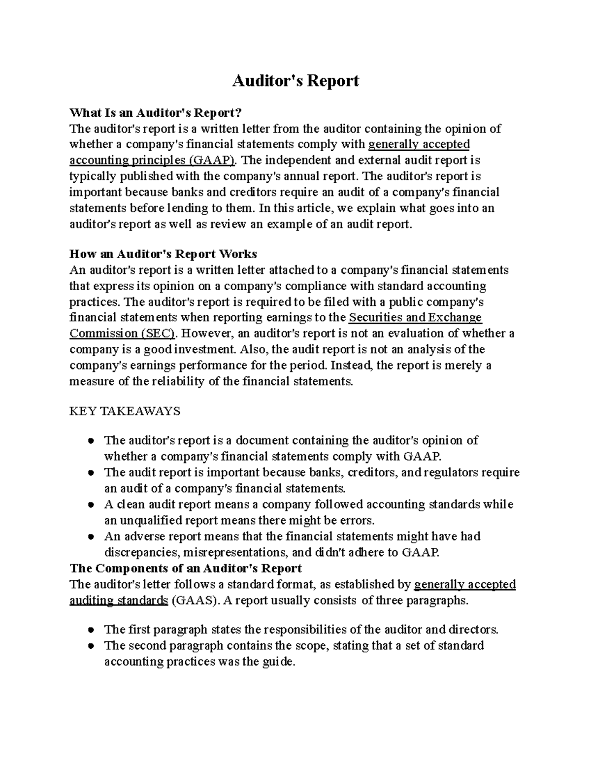 Auditor - Auditor's Report What Is an Auditor's Report? The auditor's ...