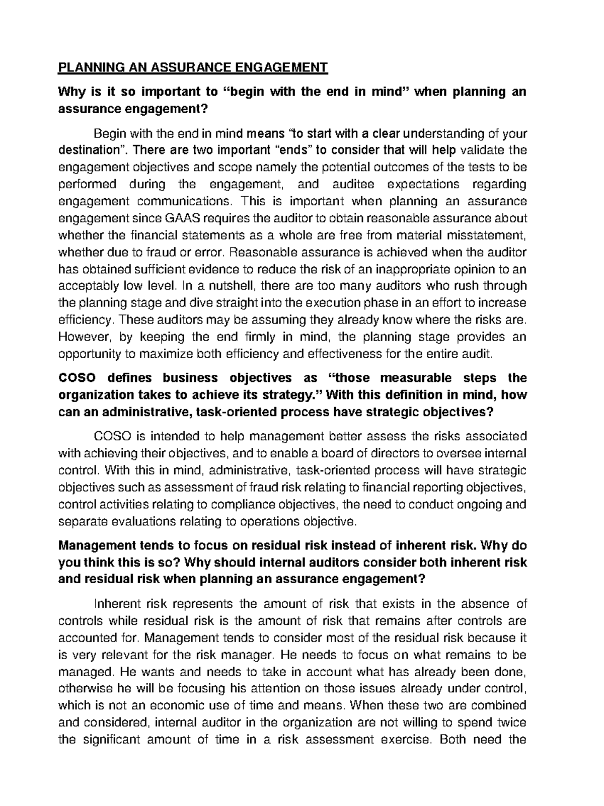 Audit 2 - PLANNING AN ASSURANCE ENGAGEMENT Why is it so important to