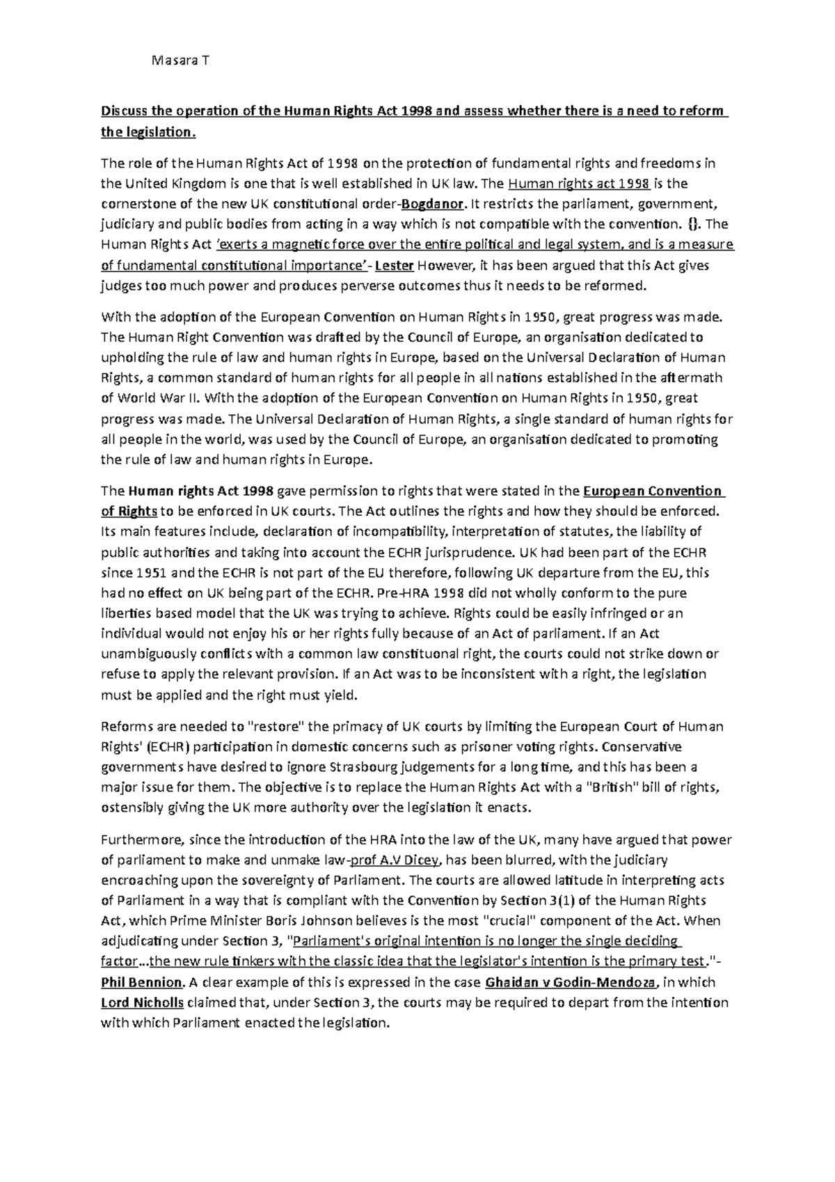 HRA 1 - Human rights essay quession - Masara T Discuss the operation of ...