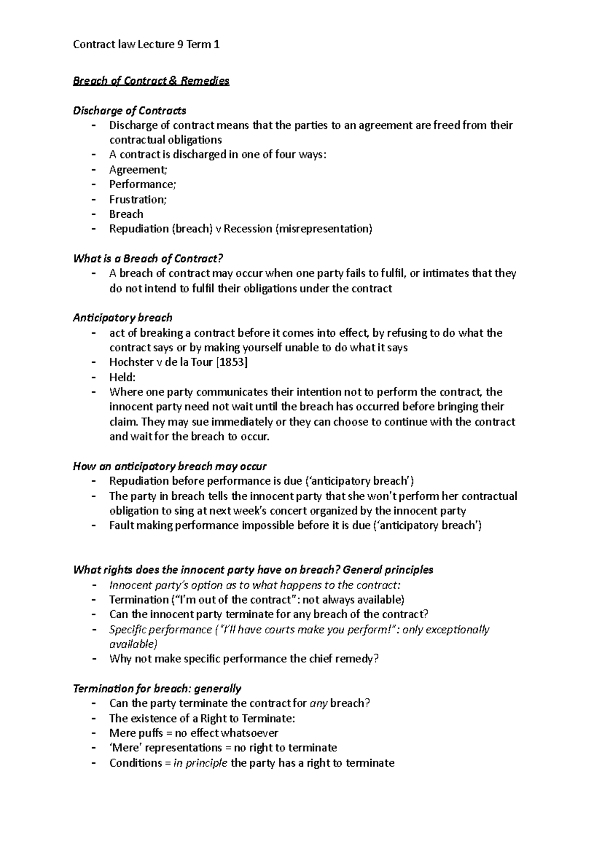 Lecture 9 contract term 1 studocu - Breach of Contract & Remedies Discharge of Contracts - Studocu