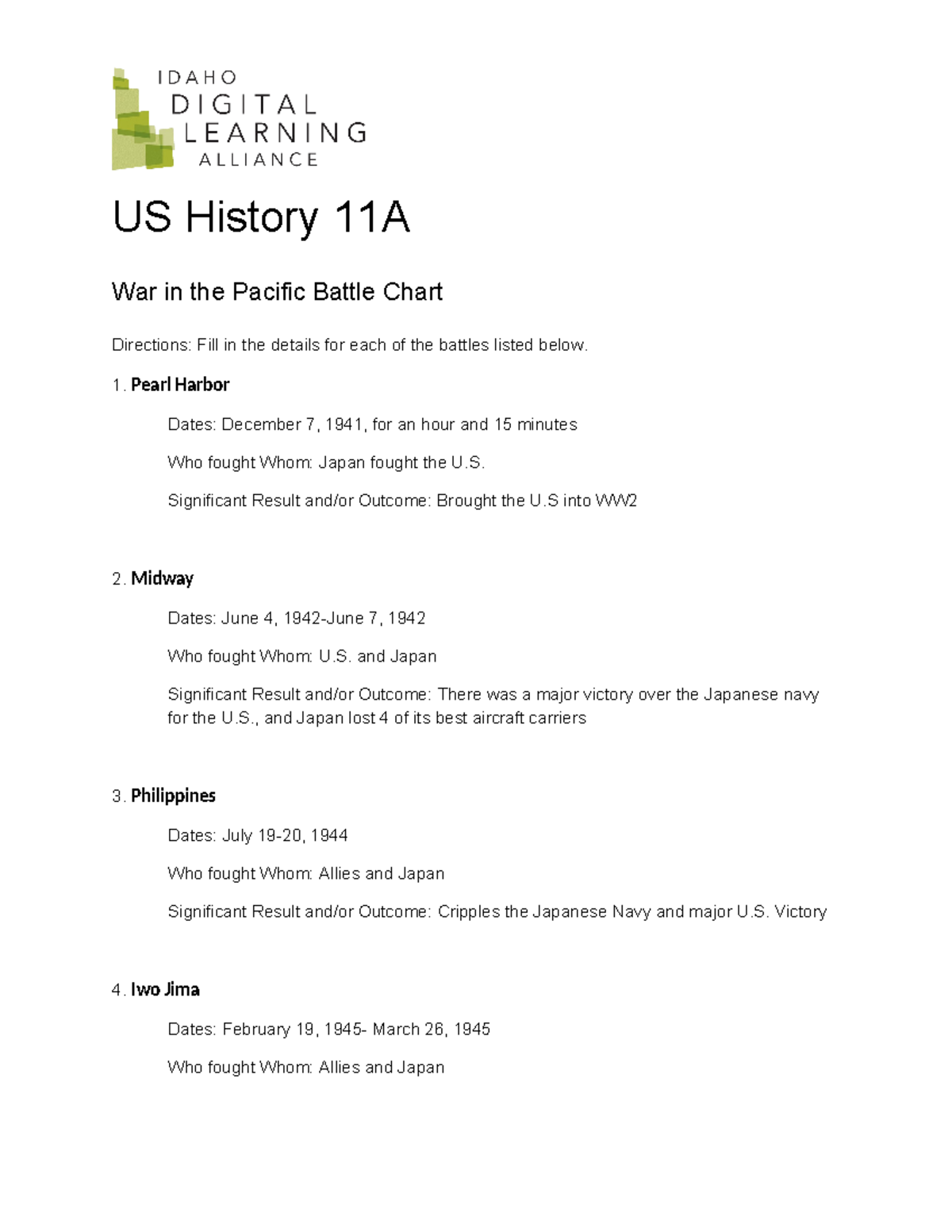 War In The Pacific Battle - US History 11A War in the Pacific Battle ...