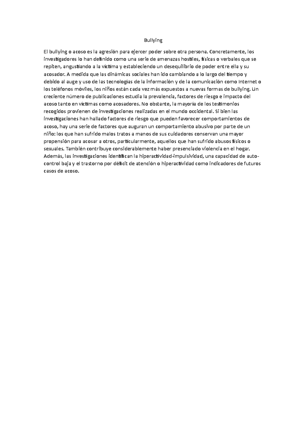 El Bullying, un problema en la sociedad - Bullying El bullying o acoso ...